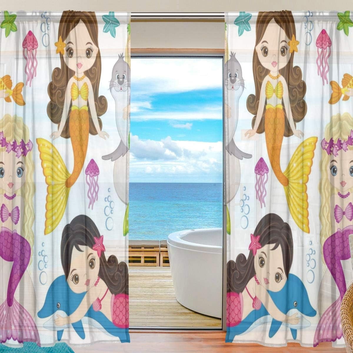Coolnut Cute Beautiful Mermaids Semi Sheer Curtains Window Voile Drapes ...