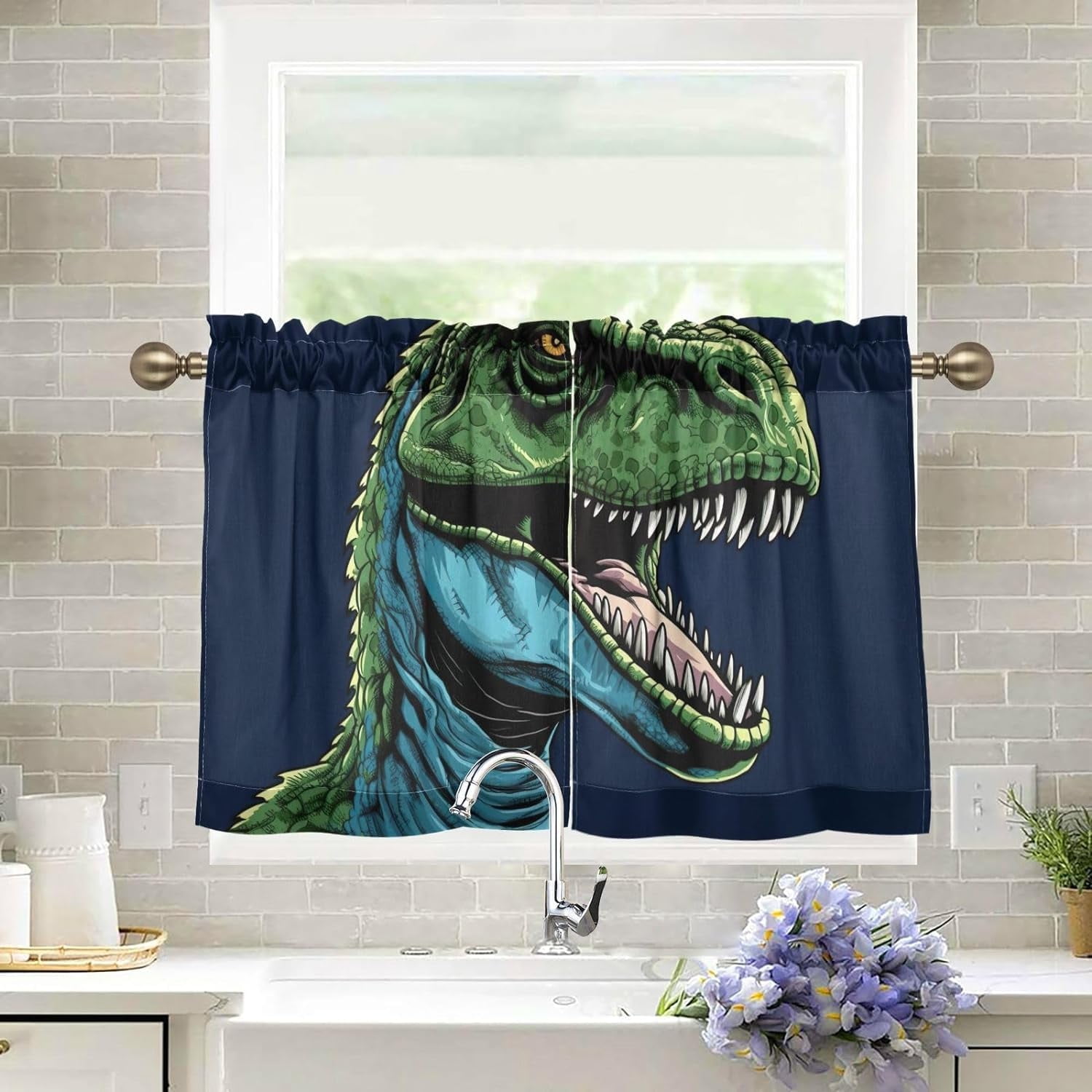 Coolnut Cute Cartoon Dinosaur Half Window Tier Curtains 24 Inch ...