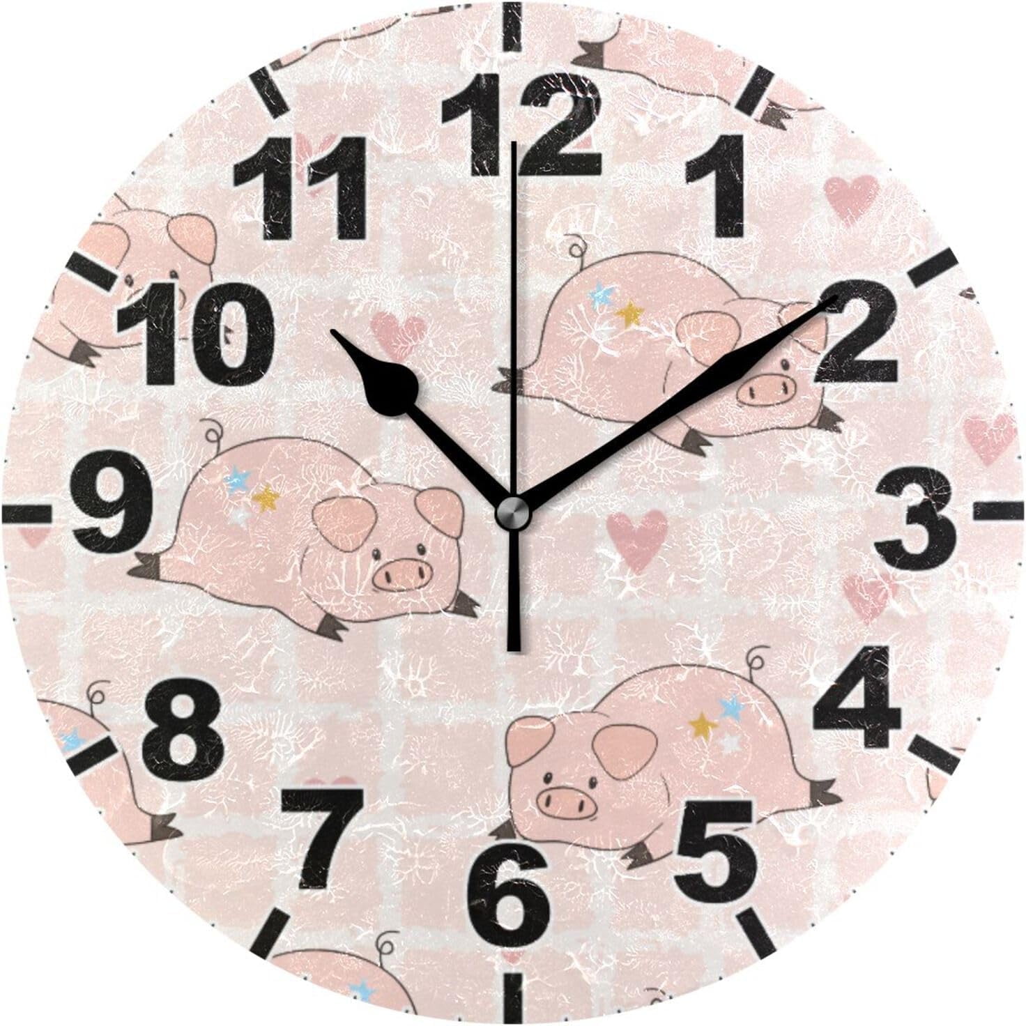 Coolnut Cute Cartoon Pigs and Hearts Round Wall Clock, Battery Operated ...