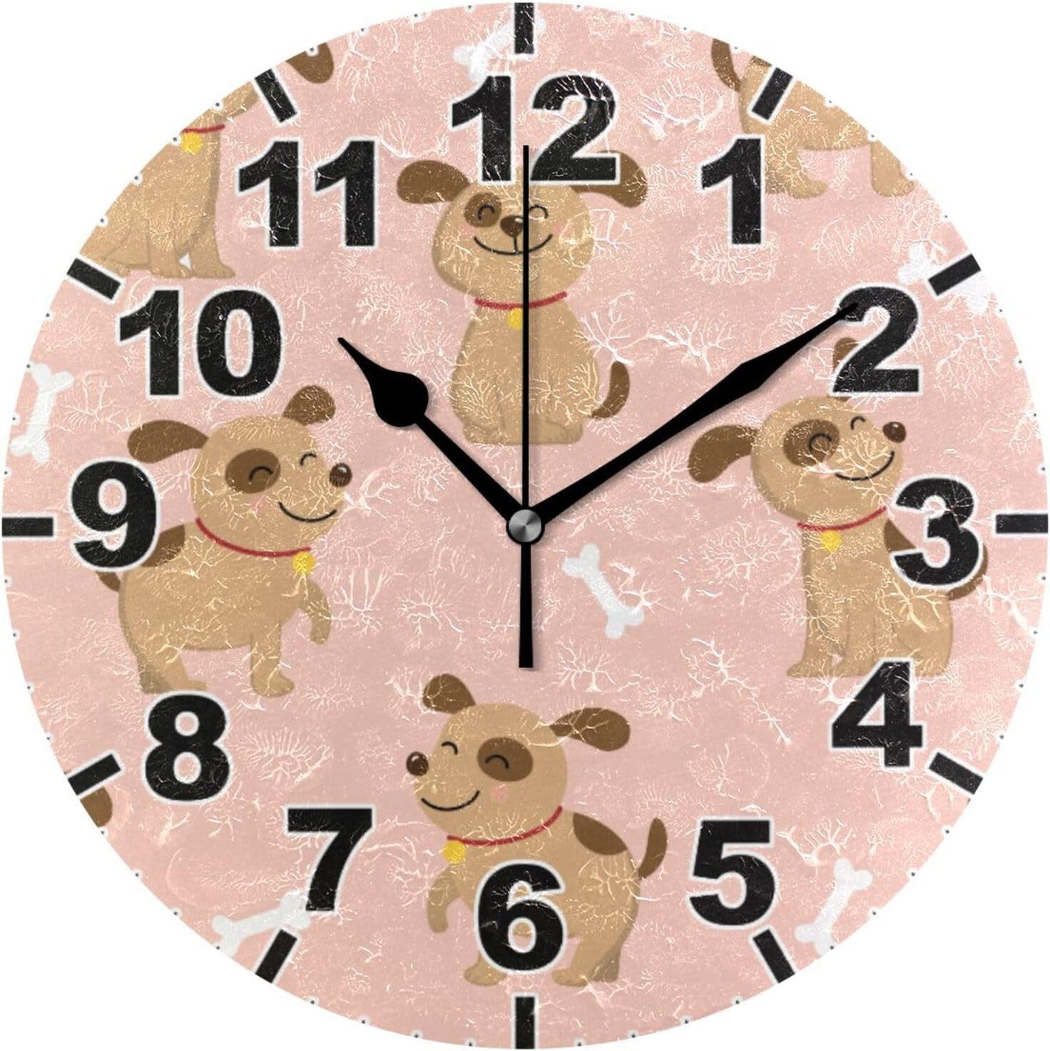 Coolnut Cute Dog and Bone Round Wall Clock, Battery Operated Silent Non ...