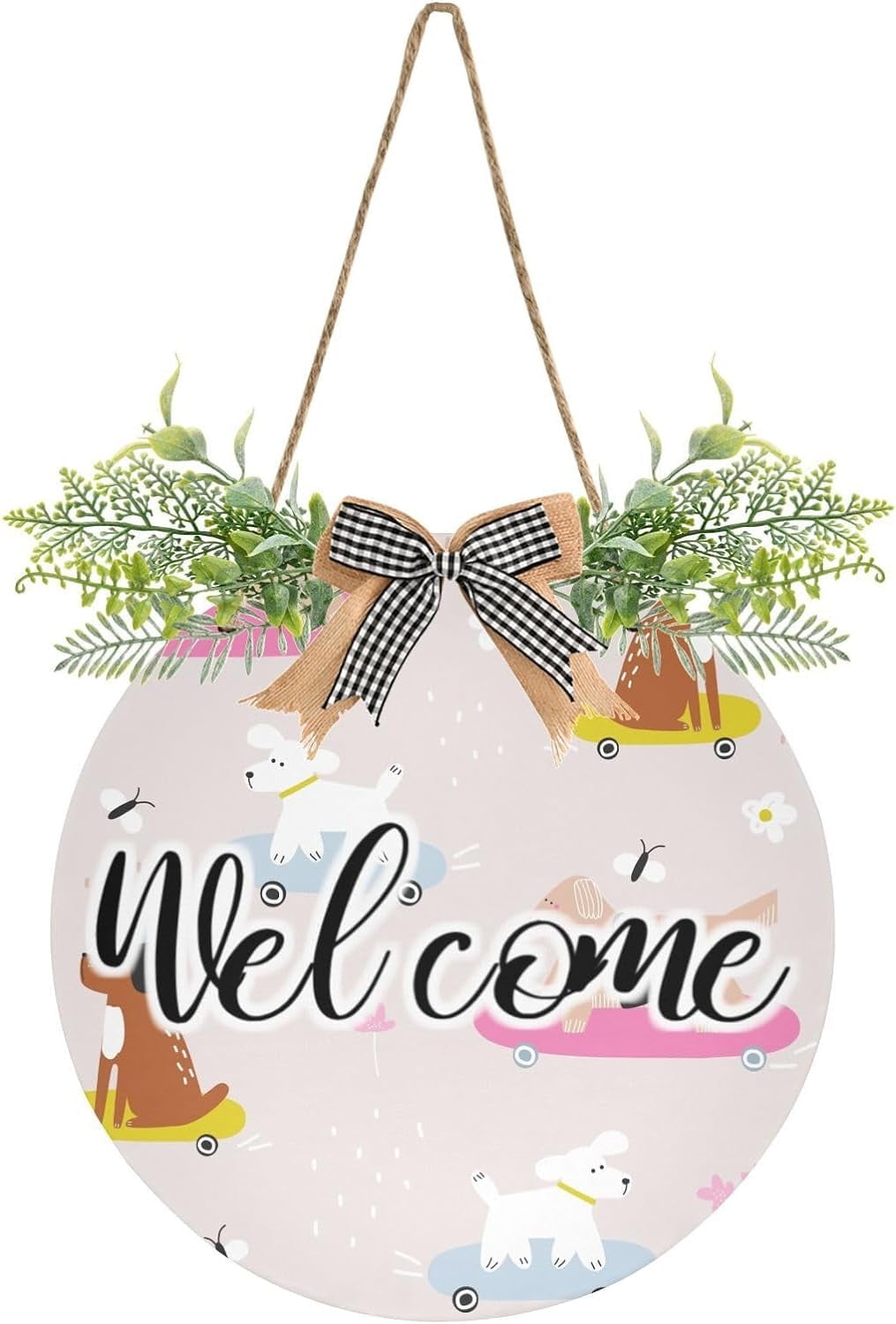 Coolnut Cute Dogs Front Door Round, Hanging Welcome Sign, Front Door ...