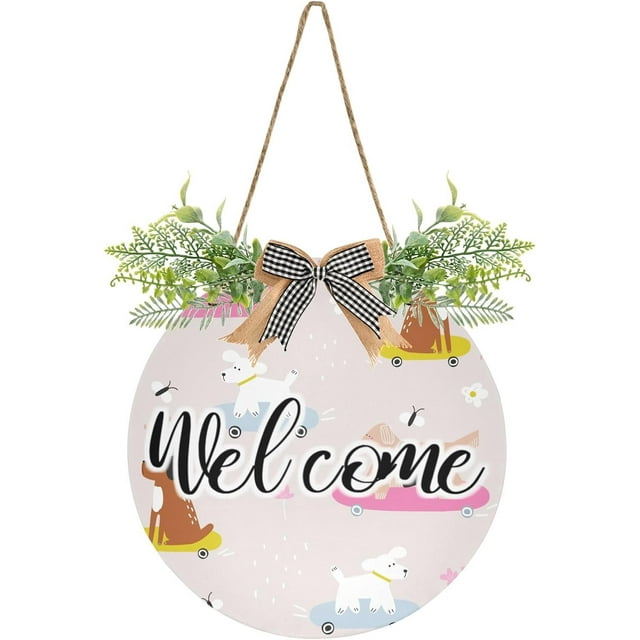 Coolnut Cute Dogs Front Door Round, Hanging Welcome Sign, Front Door ...