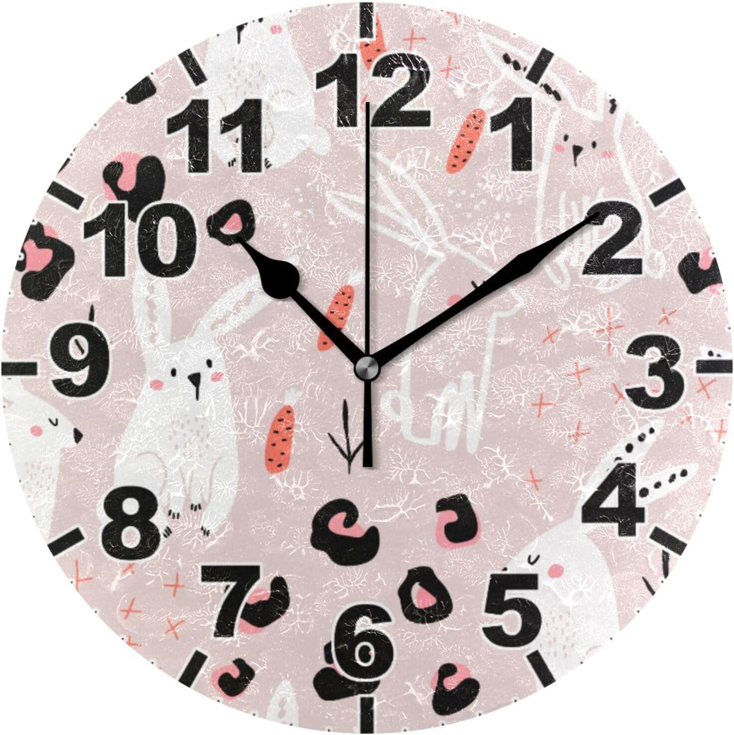 Coolnut Cute Hand Drawn Bunny Round Wall Clock, Battery Operated Silent ...