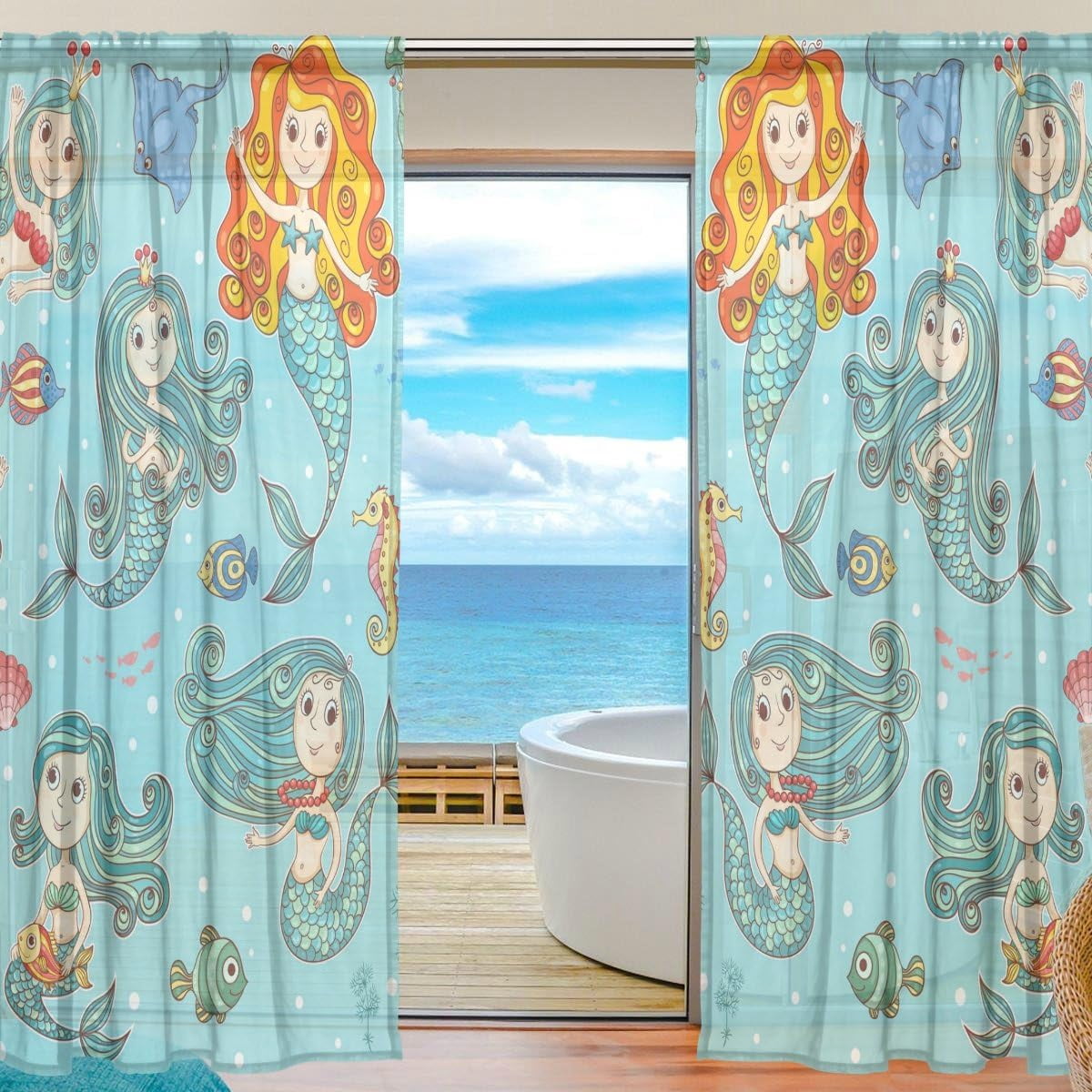 Coolnut Cute Happy Mermaids Sheer Gauze Door Curtain Window Curtain ...