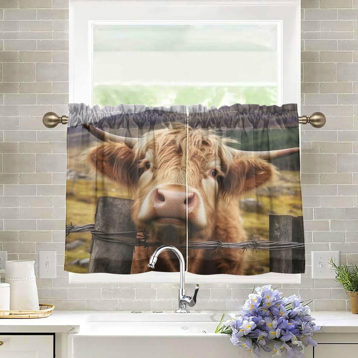 Coolnut Cute Highland Cattle Kitchen Curtains 24 Inch Length Blackout ...