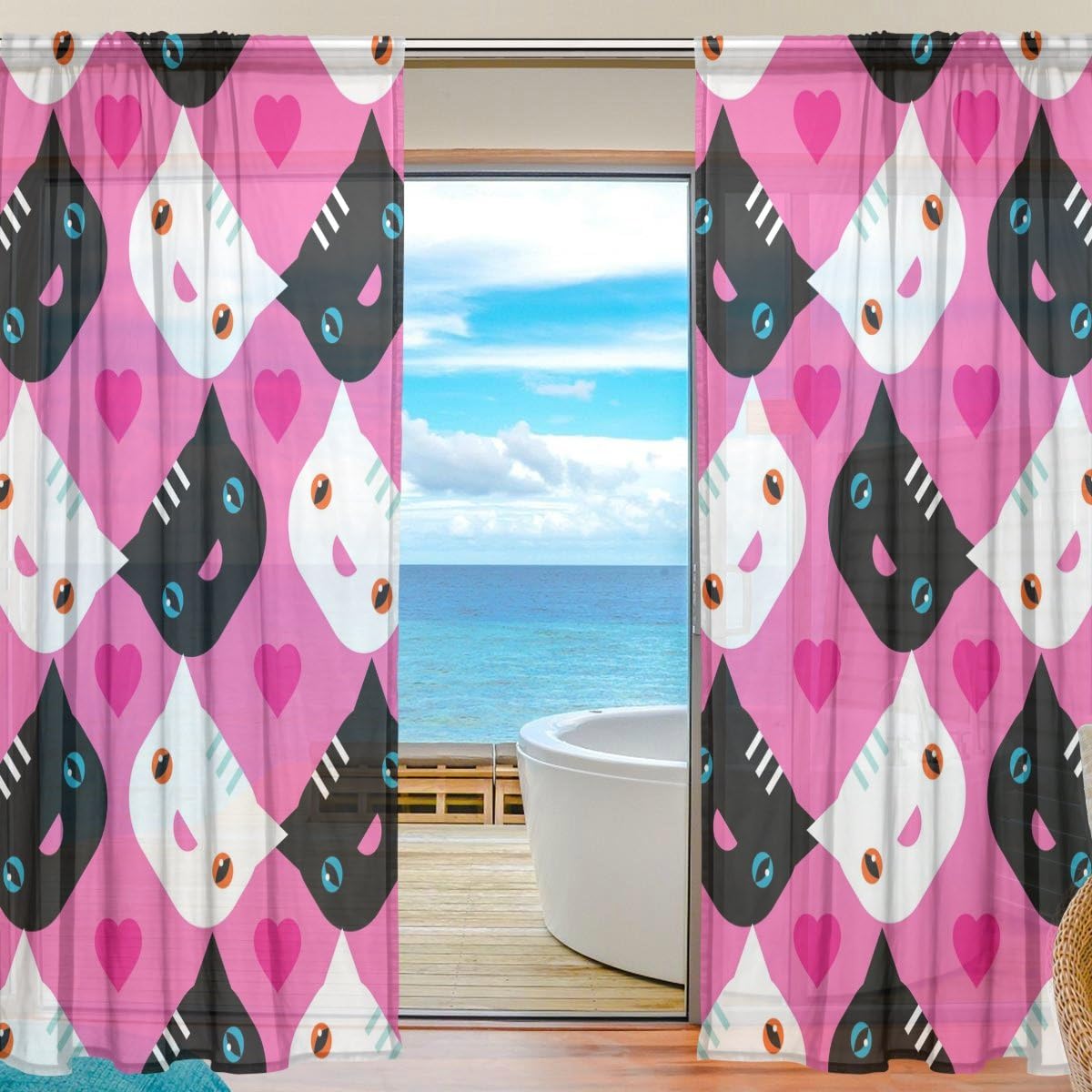 Coolnut Cute Kitten Faces Sheer Gauze Door Curtain Window Curtain ...