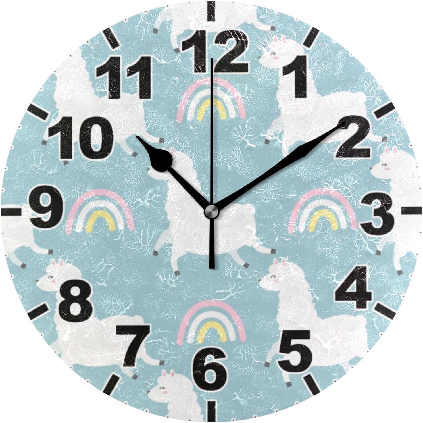 Coolnut Cute Llama and Rainbow Round Wall Clock, Battery Operated ...