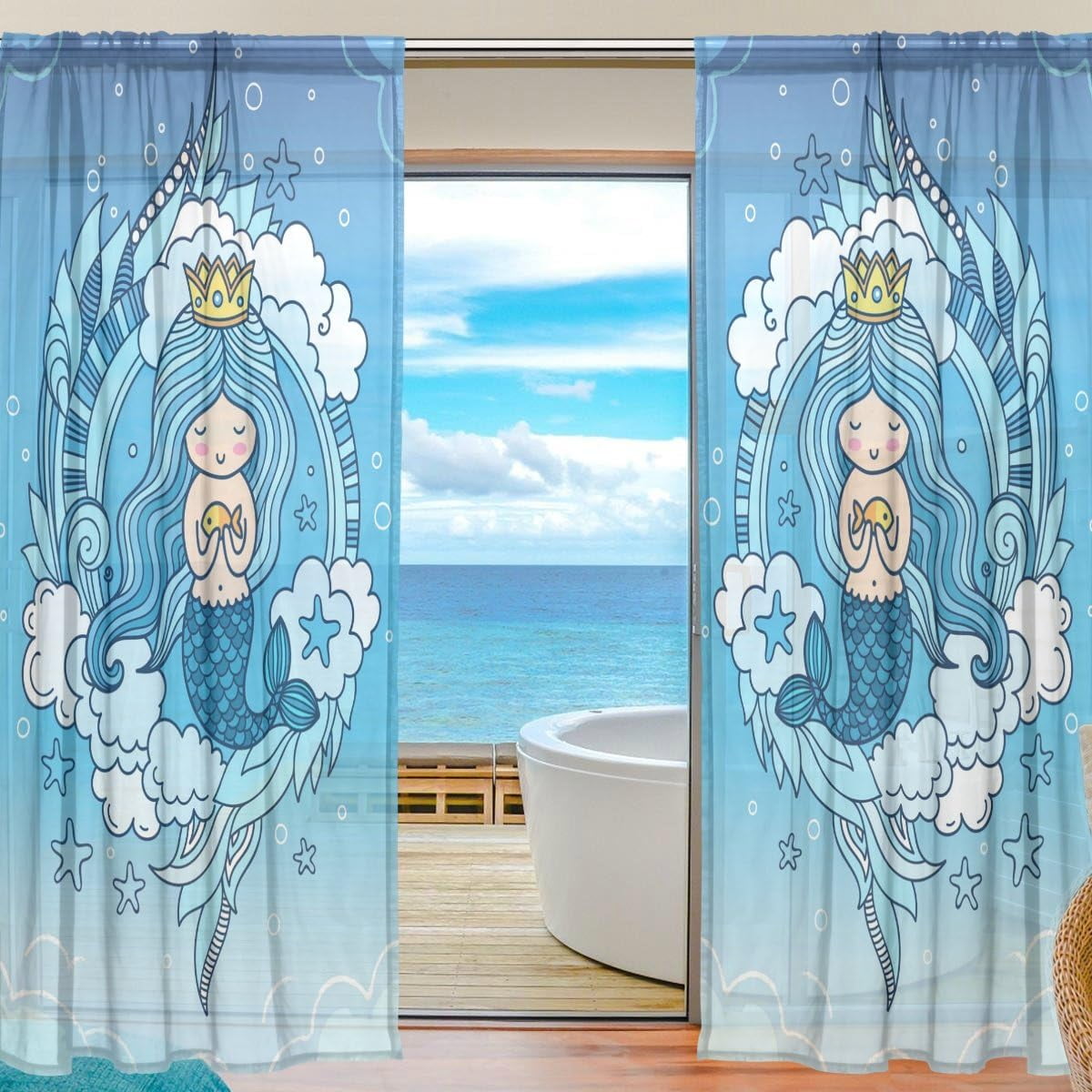 Coolnut Cute Mermaid with Fish Sheer Gauze Door Curtain Window Curtain ...