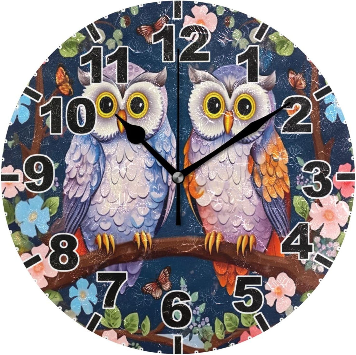 Coolnut Cute Owls Round Wall Clock, Battery Operated Silent Non Ticking ...