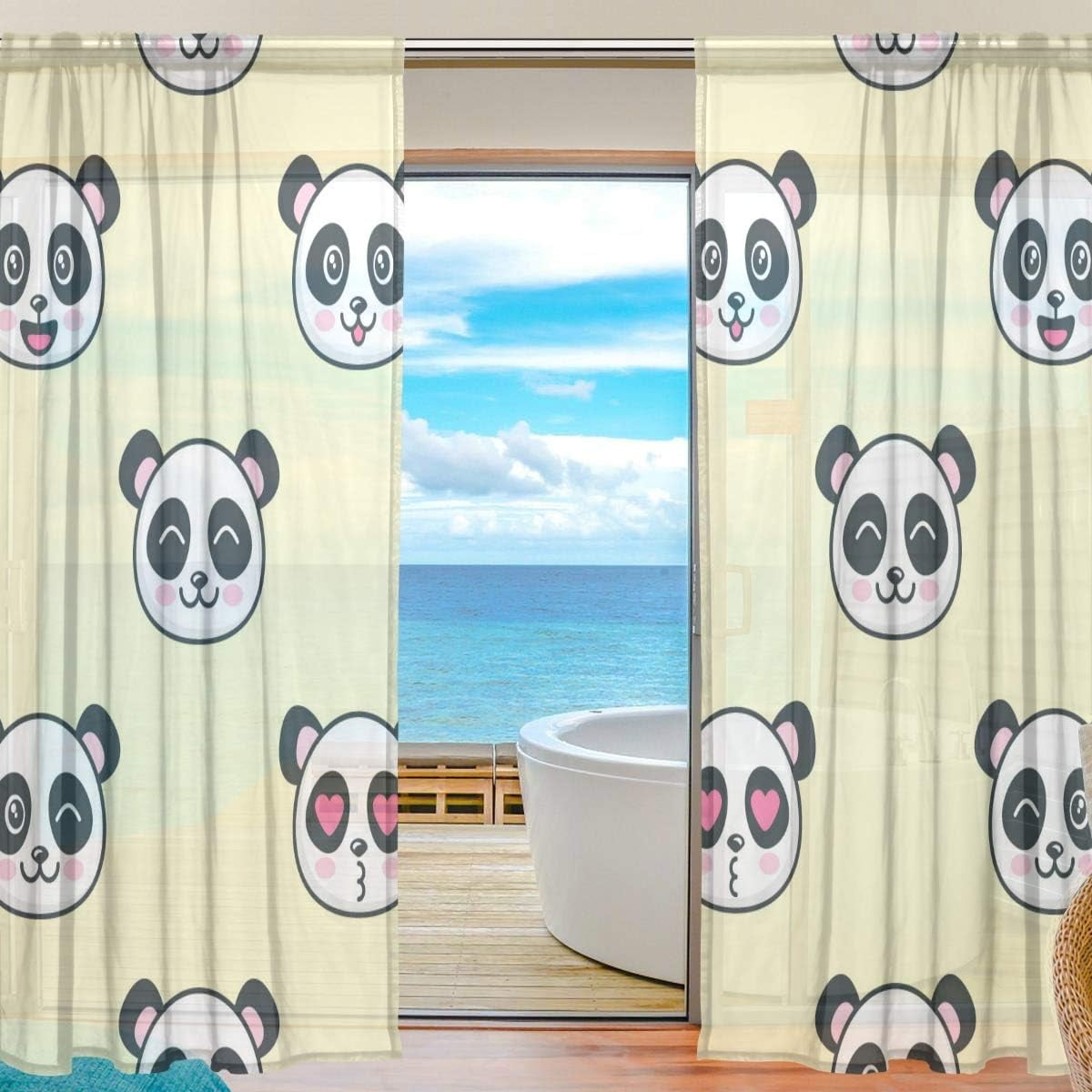 Coolnut Cute Panda Faces Semi Sheer Curtains, 84"x55" Window Voile ...