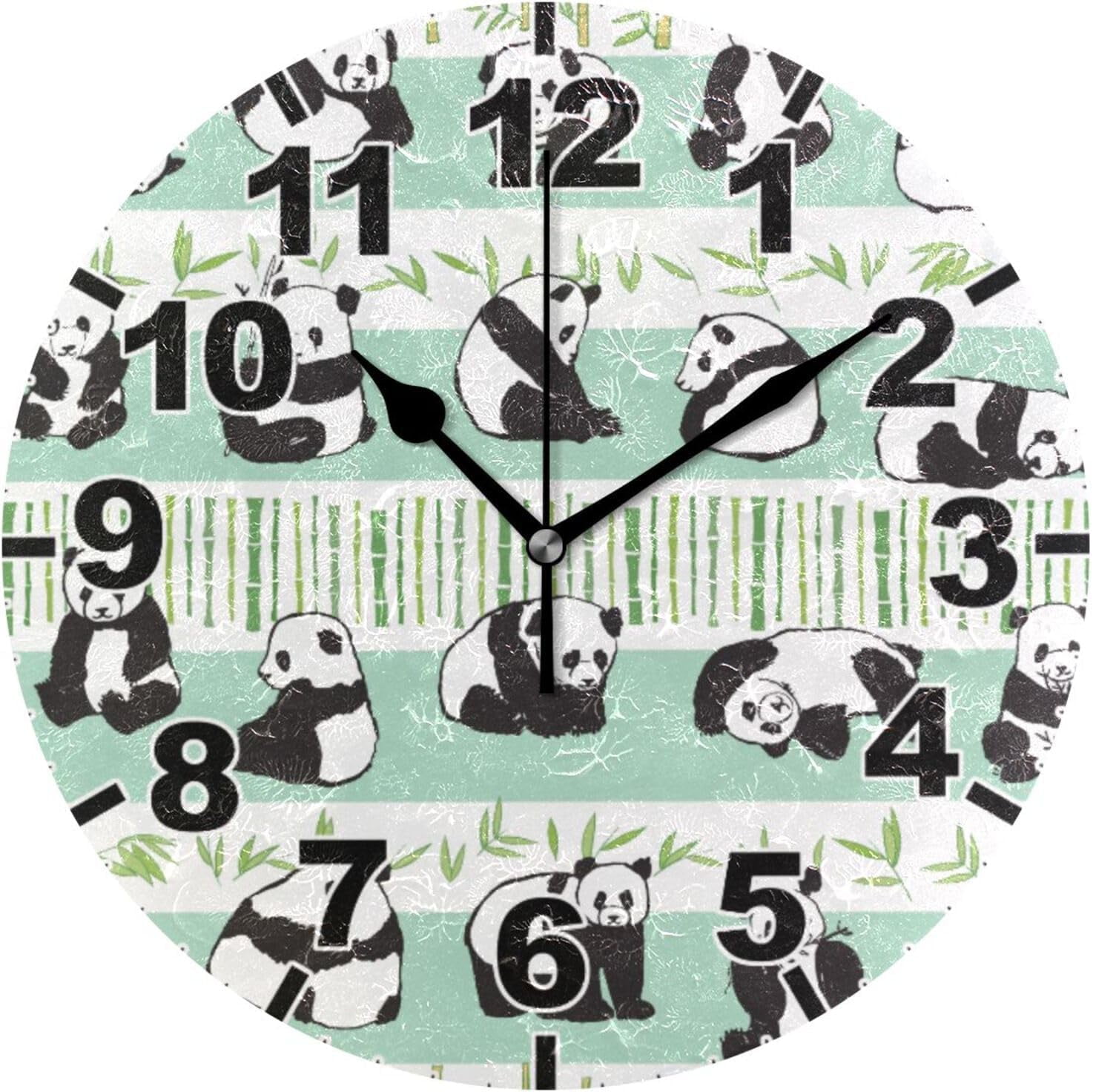 Coolnut Cute Pandas Round Wall Clock, Battery Operated Silent Non Ticking Desk Clock for Home ...