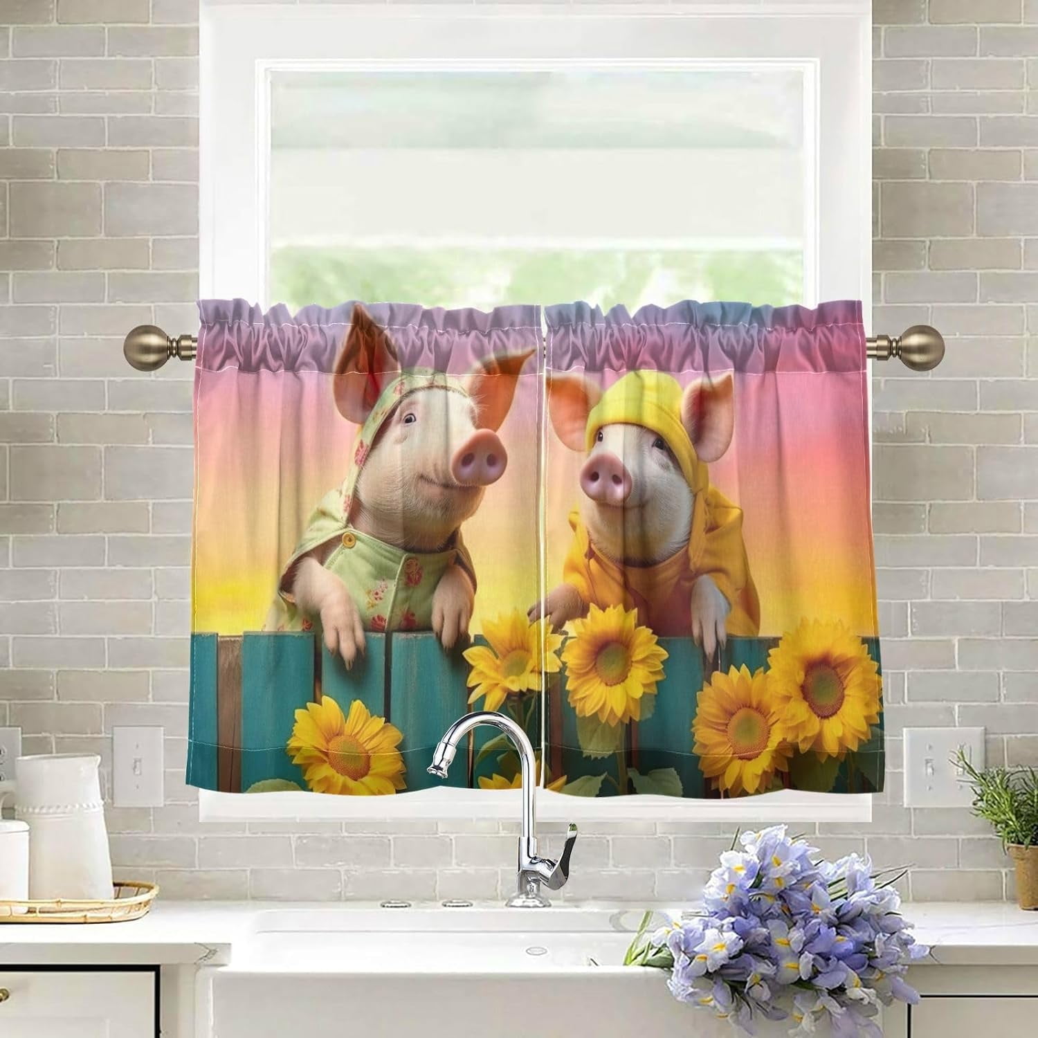 Coolnut Cute Pigs and Sunflowers Half Window Tier Curtains 24 Inch ...
