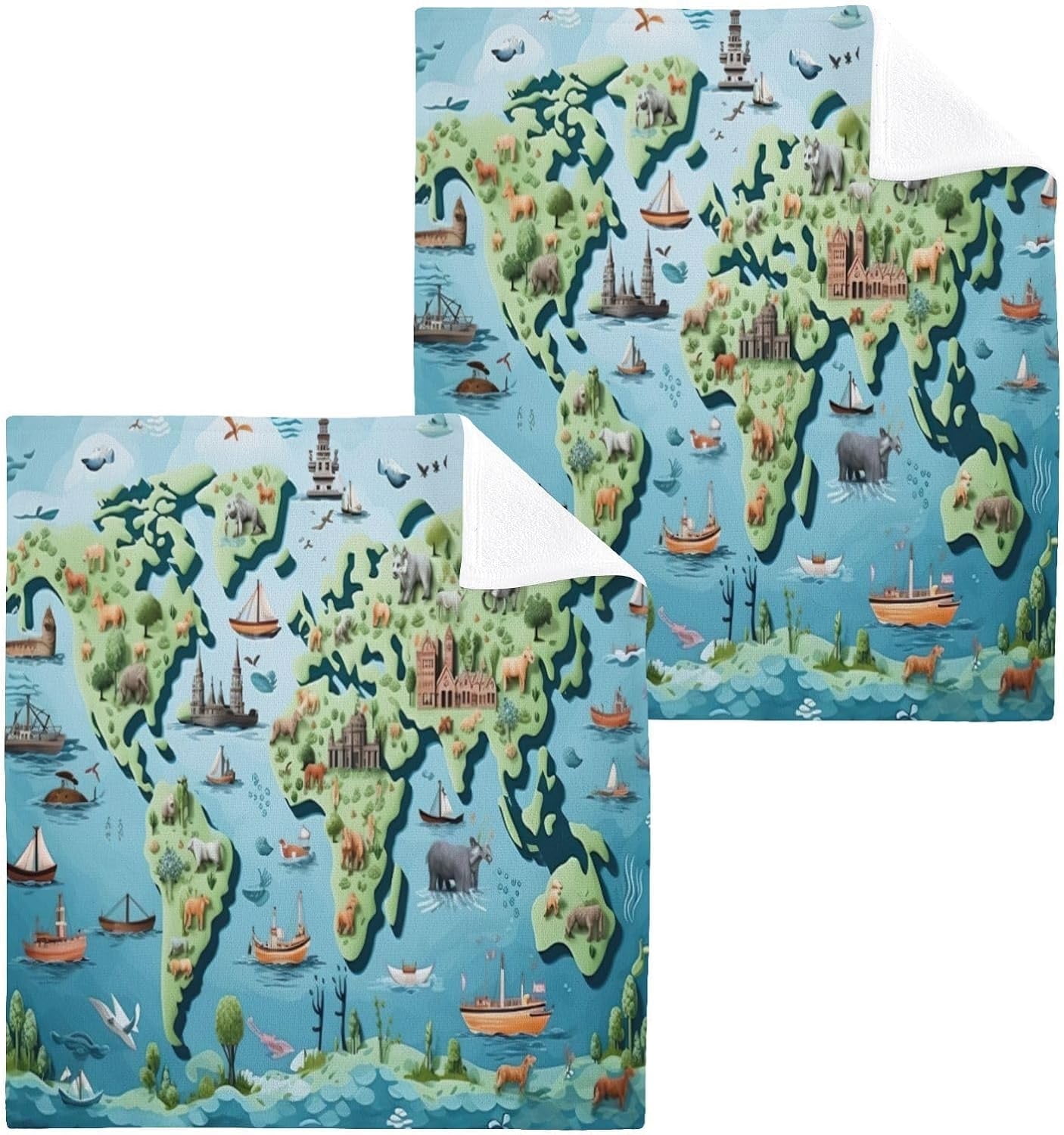 Coolnut Cute World Map Washcloths Set of 6-12 x 12 inch Pure Cotton ...