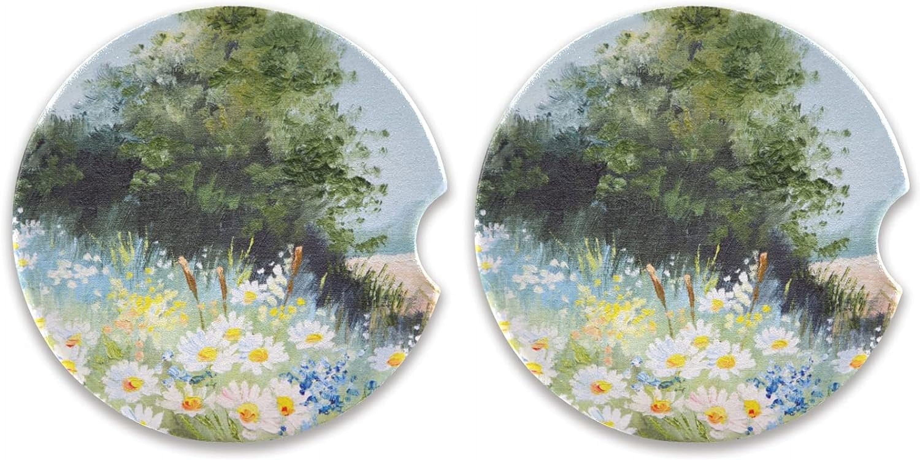 Coolnut Daisy Meadow Car Coaster 2 Pieces, Absorbent Ceramic Cork Base ...
