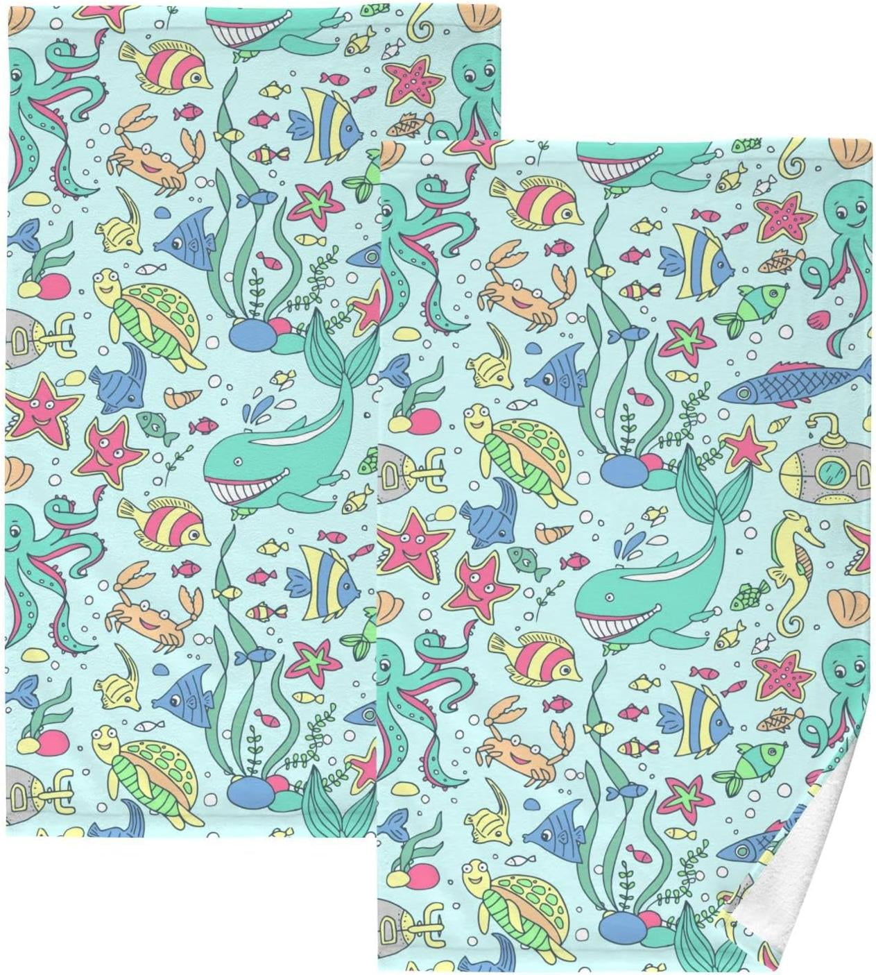 Coolnut Doodle Marine World Patterned Hand Towels 2 PCS, Cotton Bath ...