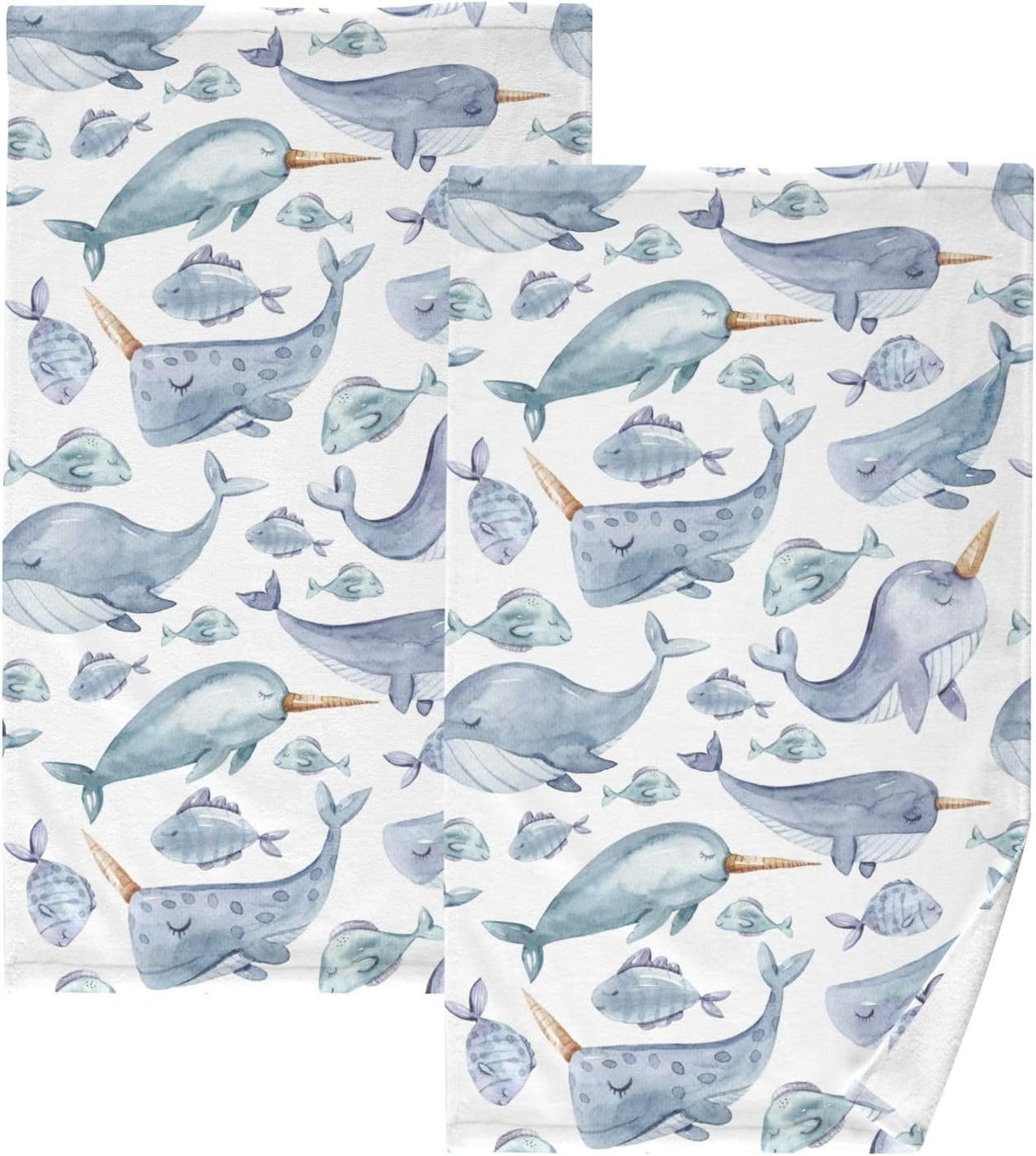 Coolnut Doodle Whales Fishes Patterned Hand Towels 2 PCS, Cotton Bath ...