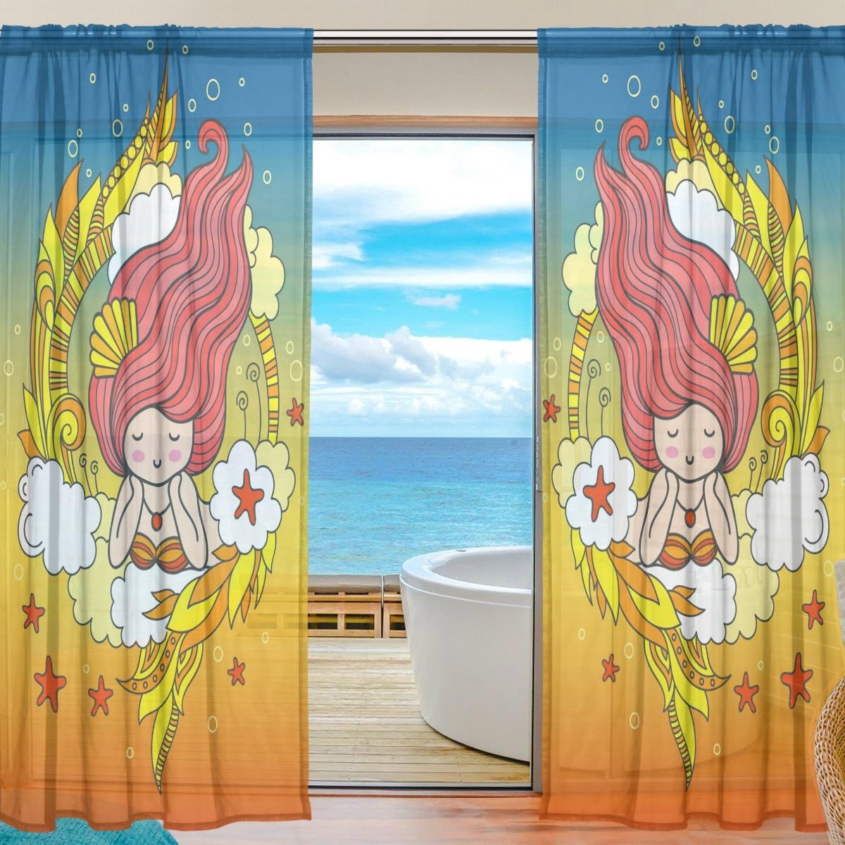 Coolnut Dreamy Lying Mermaid Sheer Gauze Door Curtain Window Curtain ...