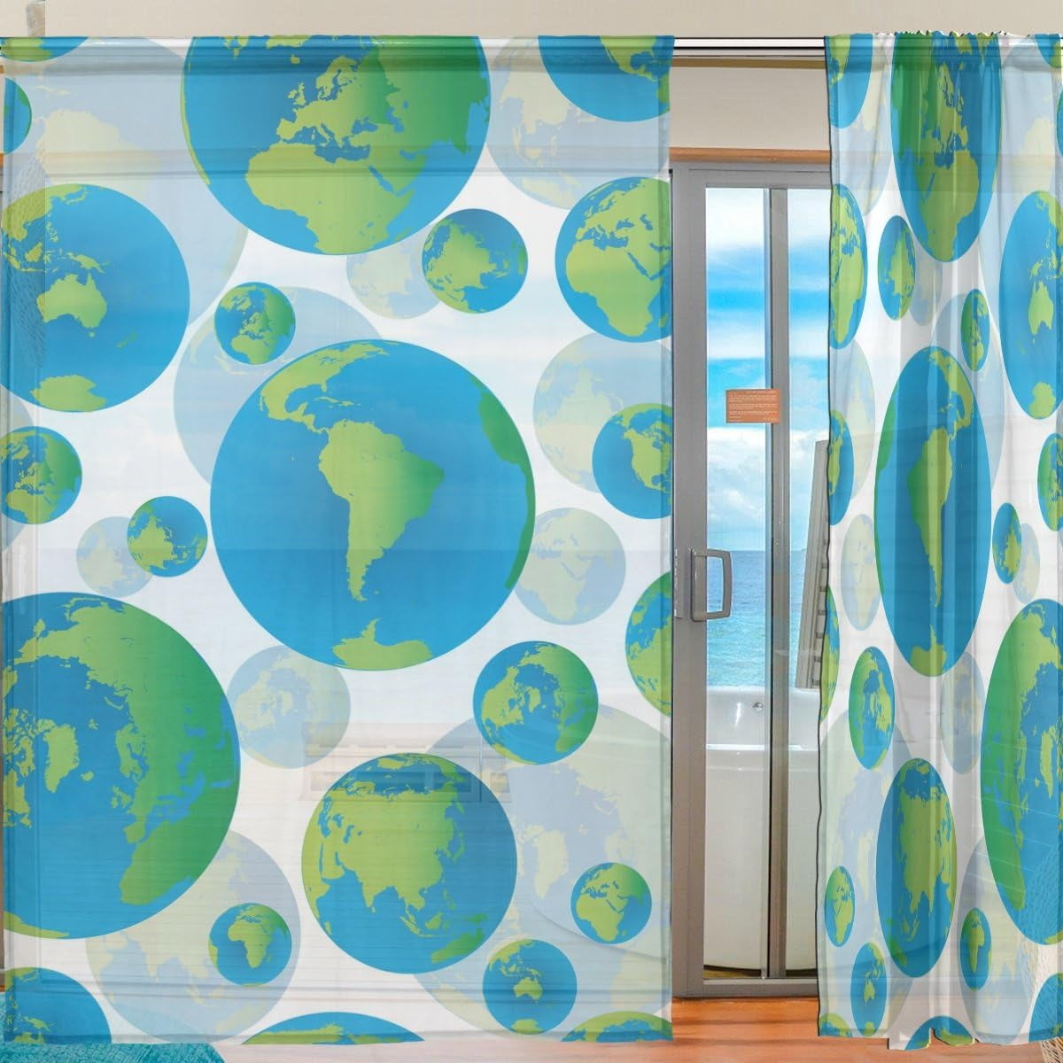 Coolnut Earth Globes Sheer Gauze Door Curtain Window Curtain Drapes for ...