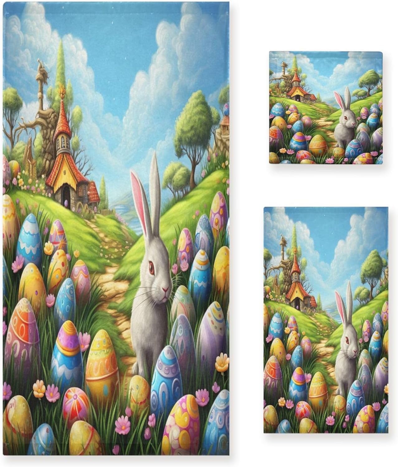 Coolnut Easter Eggs Bathroom Towel Set of 3 with Hand Towel, Wash Cloths & Bath Towel, Extra ...
