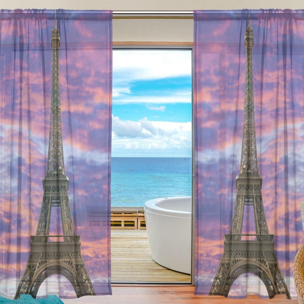 Coolnut Eiffel Tower Colorful Sky Sheer Gauze Door Curtain Window Curtain Drapes for Living Room ...
