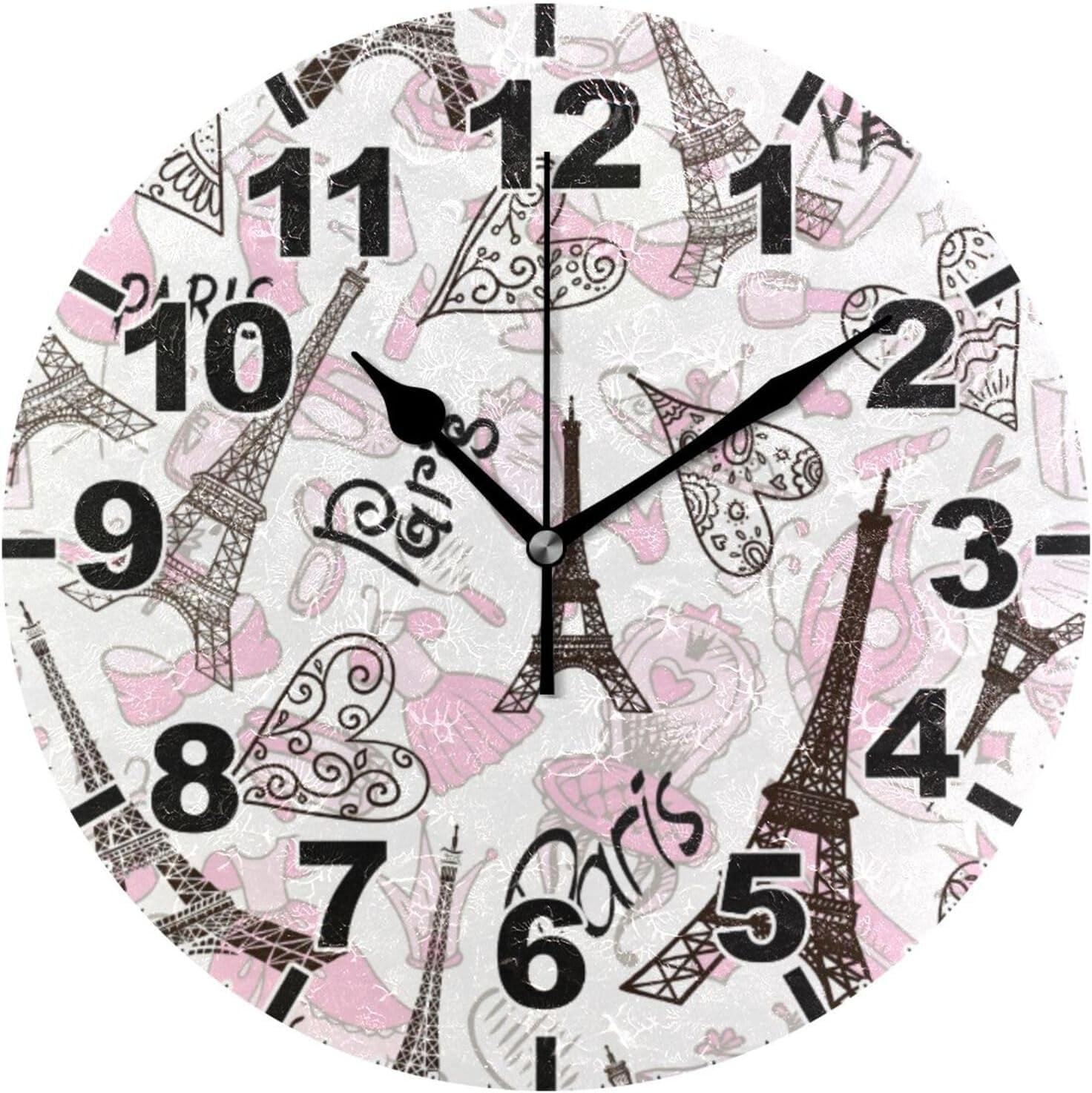 Coolnut Eiffel Tower Round Wall Clock, Battery Operated Silent Non Ticking Desk Clock for Home ...