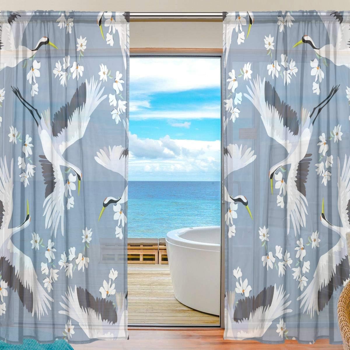 Coolnut Elegant Crane Flower Pattern Sheer Gauze Door Curtain Window ...
