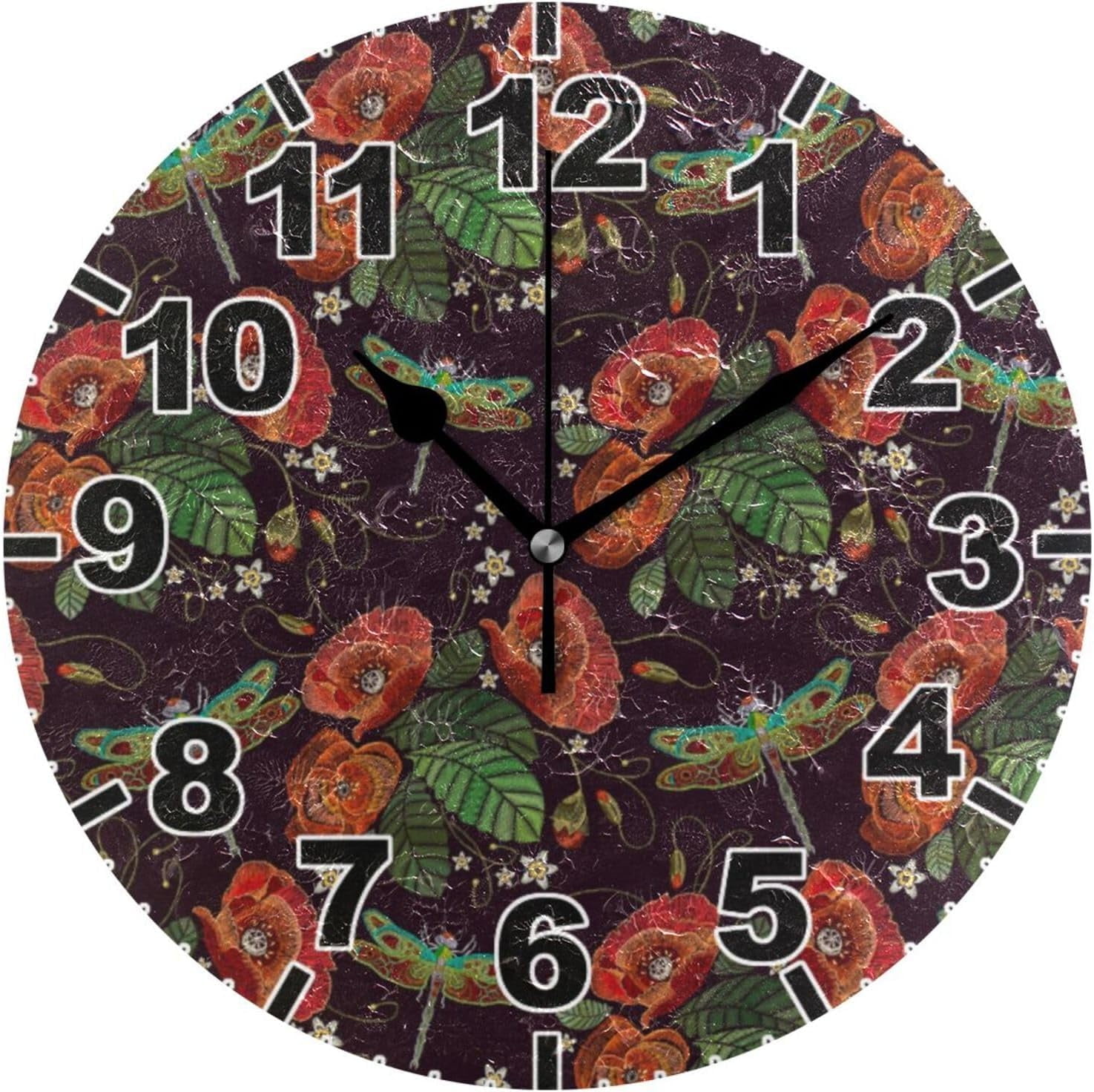 Coolnut Embroidery Dragonfly Flower Floral Round Wall Clock, Battery ...