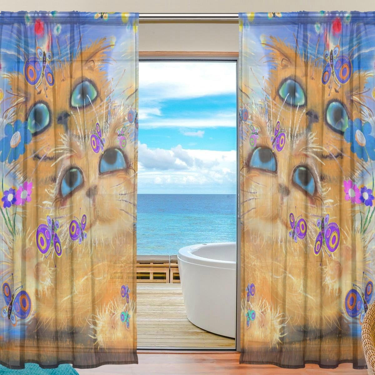 Coolnut Fantasy Kittens Butterflies Sheer Gauze Door Curtain Window ...