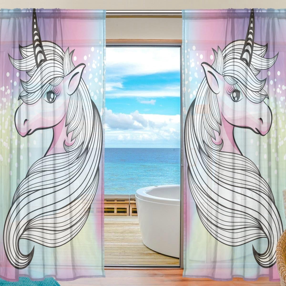 Coolnut Fantasy Unicorn and Rainbow Sheer Gauze Door Curtain Window ...