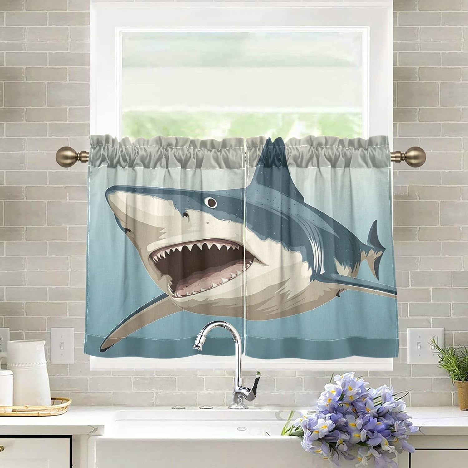 Coolnut Fierce Sharks Half Window Tier Curtains 24 Inch Blackout ...