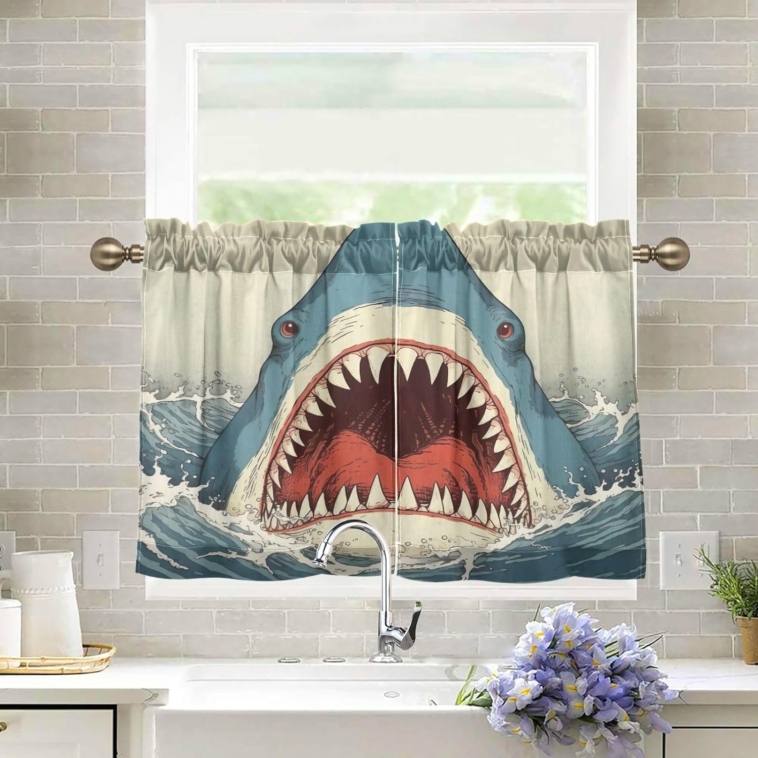 Coolnut Fierce Sharks Half Window Tier Curtains 36 Inch Blackout ...