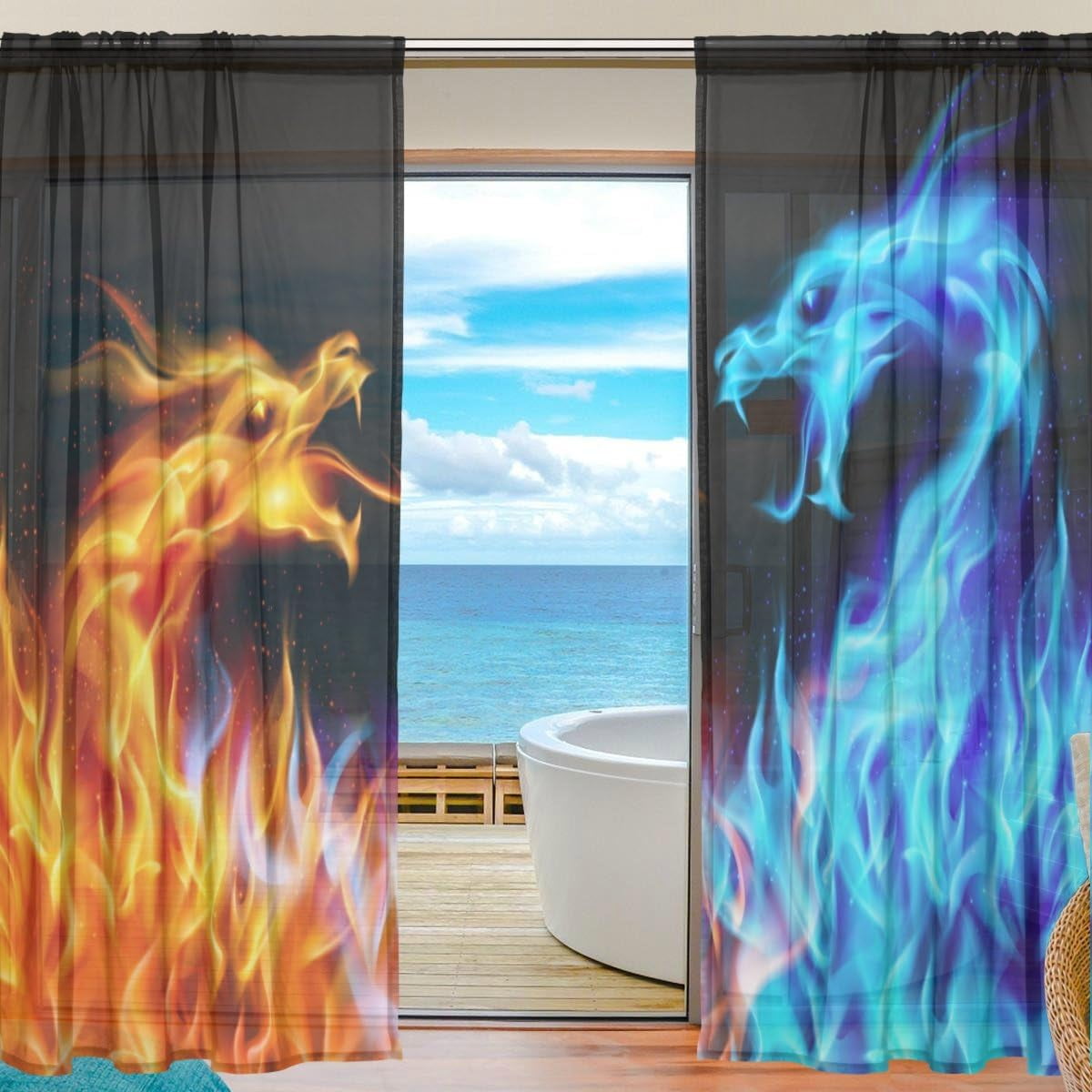 Coolnut Fire Ice Dragons Sheer Gauze Door Curtain Window Curtain Drapes for Living Room Kids ...