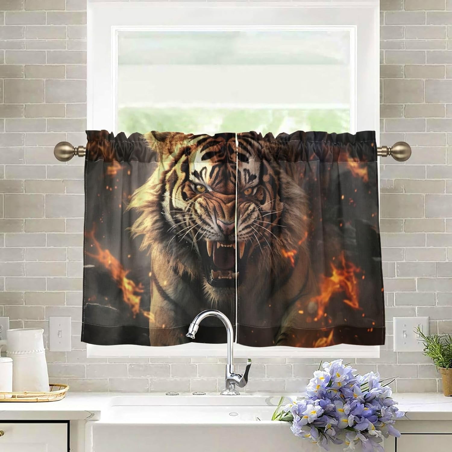 Coolnut Flame Tiger Half Window Tier Curtains 24 Inch Blackout Thermal ...