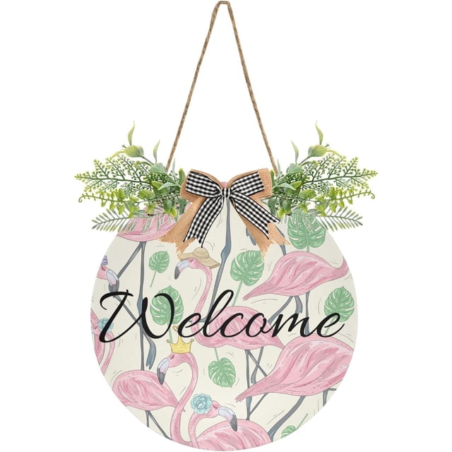 Coolnut Flamingos and Palm Leaves Welcome Sign for Front Door, Round ...