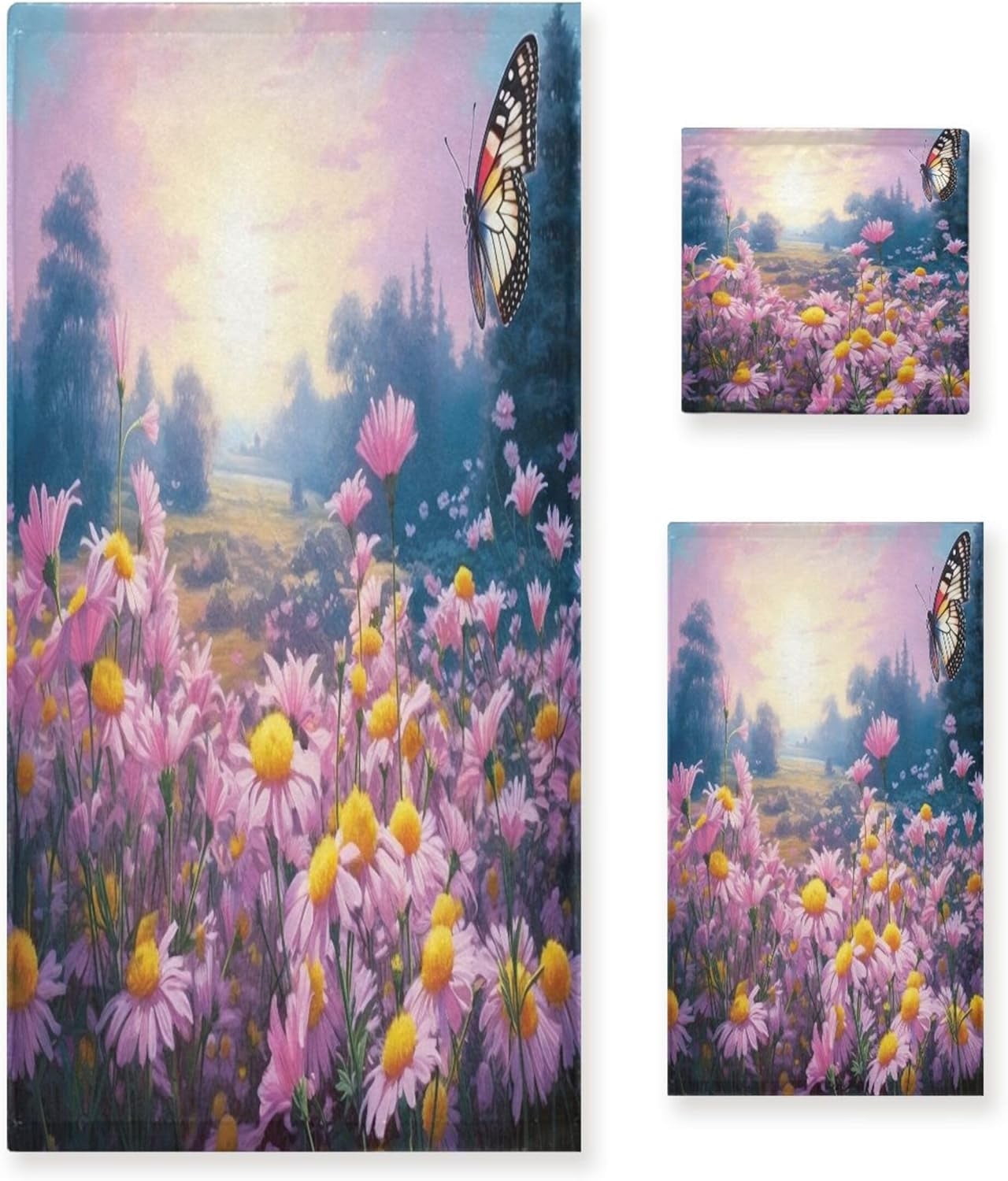 Coolnut Floral Landscape Bathroom Towel Set of 3 with Hand Towel, Wash ...