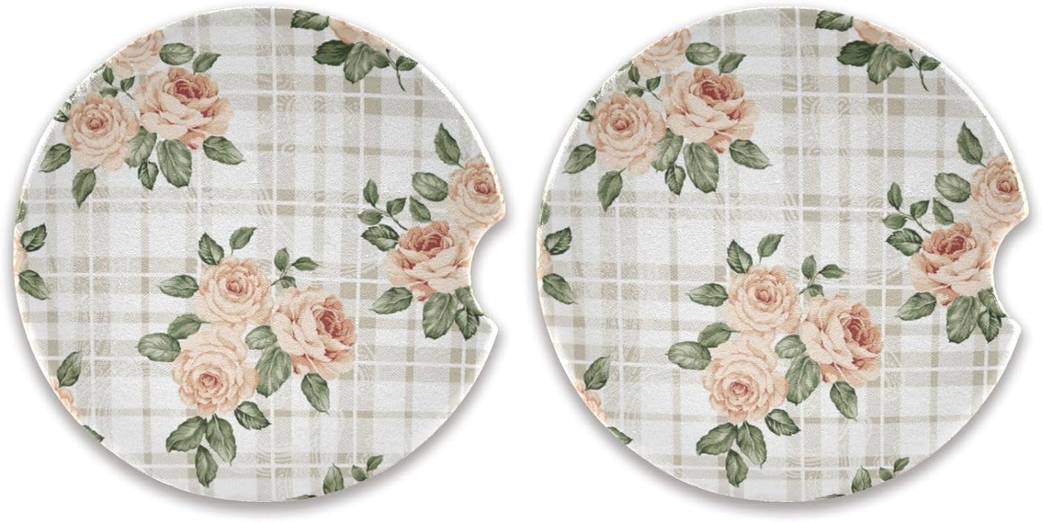 Coolnut Flowers Car Coasters 2 Pack for Cup Holders, Ceramic Cork Base ...