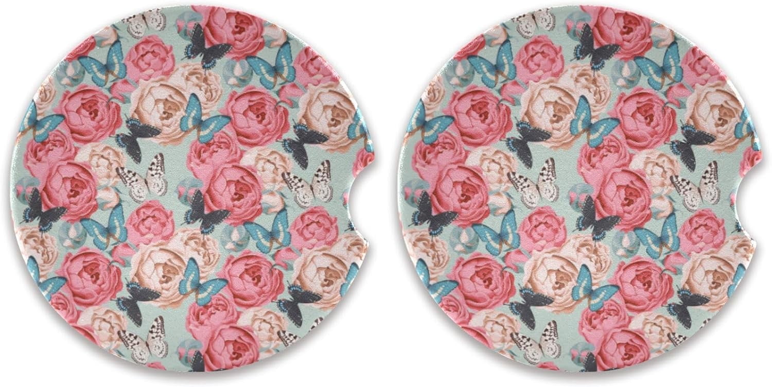 Coolnut Flowers Car Coasters 2 Pack for Cup Holders, Ceramic Cork Base ...