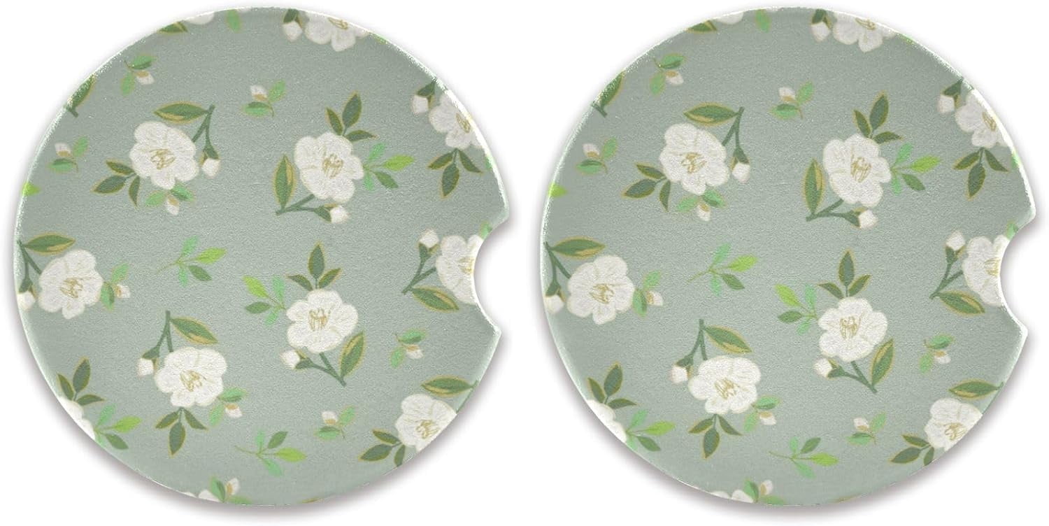 Coolnut Flowers Car Coasters 2 Pack for Cup Holders, Ceramic Cork Base ...