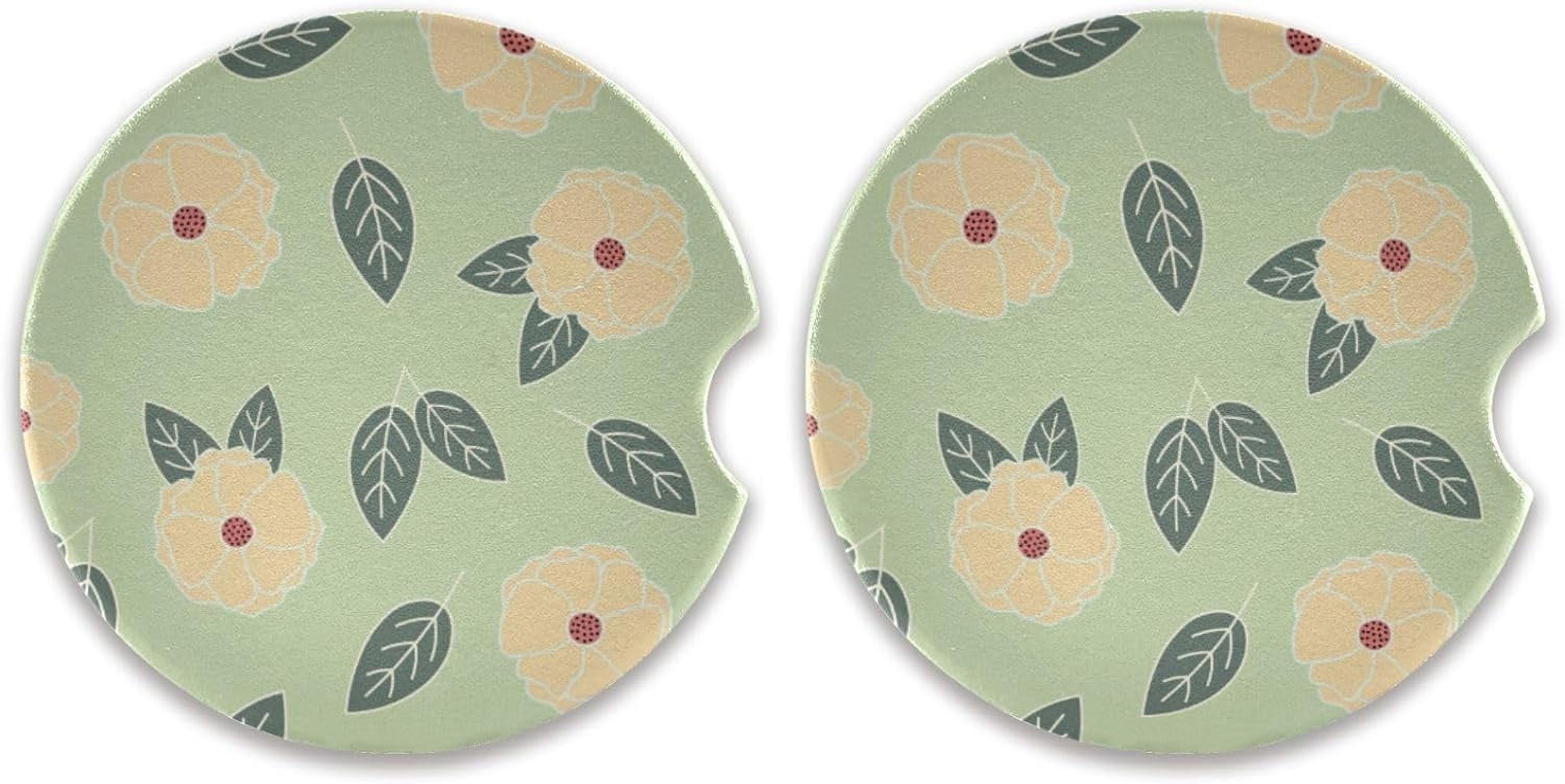 Coolnut Flowers Car Coasters 2 Pack for Cup Holders, Ceramic Cork Base ...