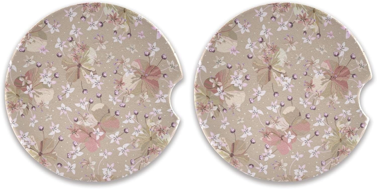 Coolnut Flowers Car Coasters 2 Pack for Cup Holders, Ceramic Cork Base ...
