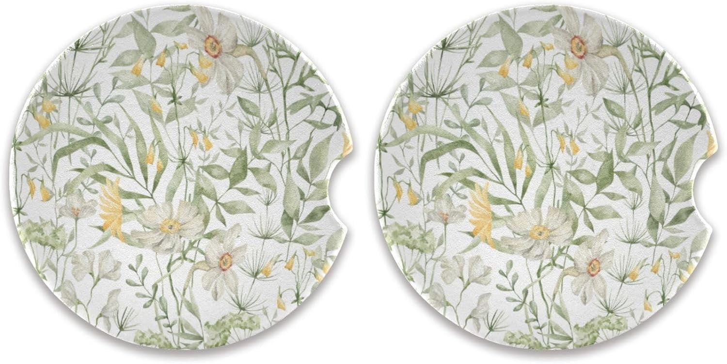Coolnut Flowers Car Coasters 2 Pack for Cup Holders, Ceramic Cork Base ...