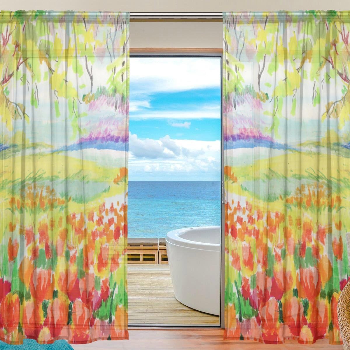 Coolnut Flowers Trees Painting Sheer Gauze Door Curtain Window Curtain ...