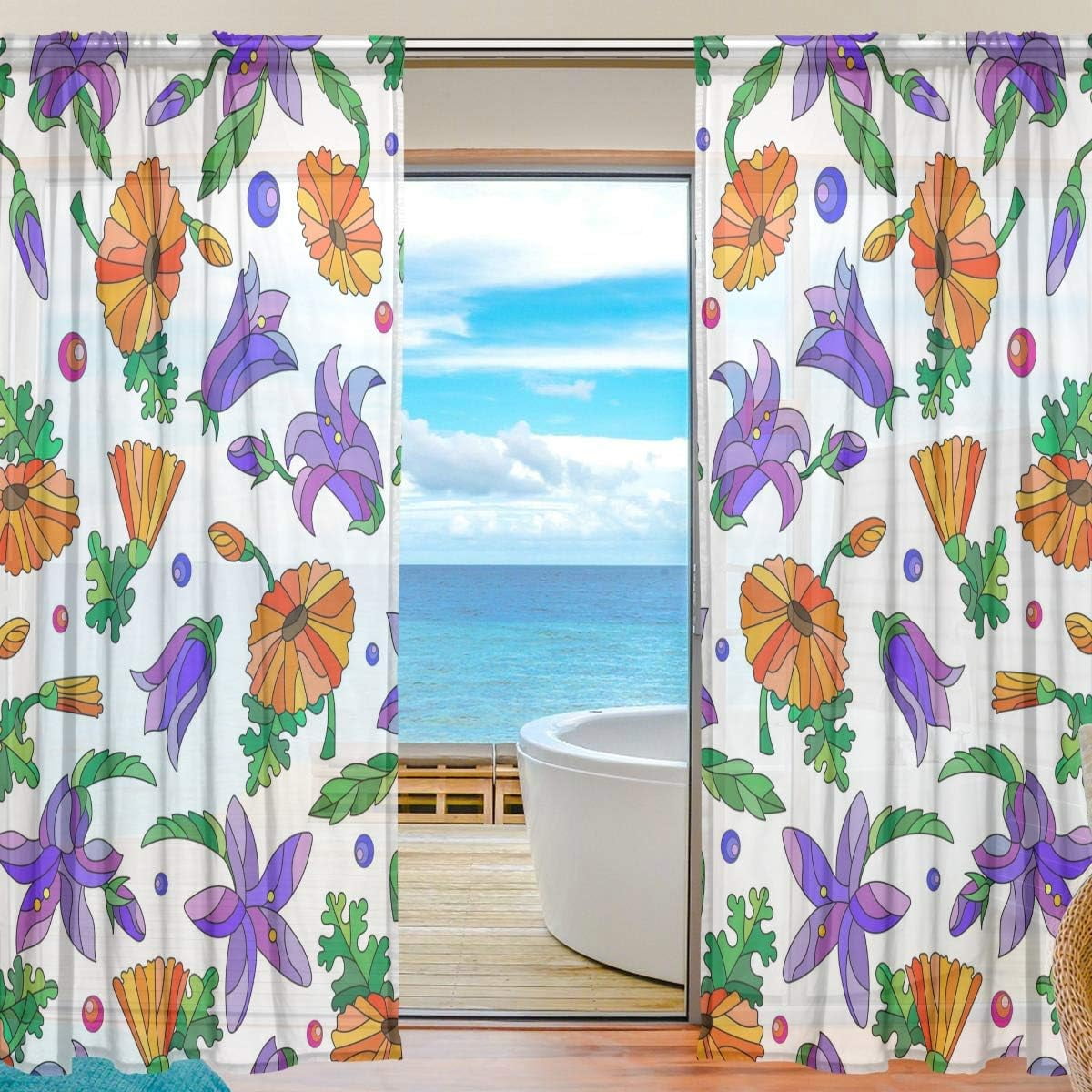 Coolnut Flowers in Stained Glass Style Semi Sheer Curtains Window Voile ...