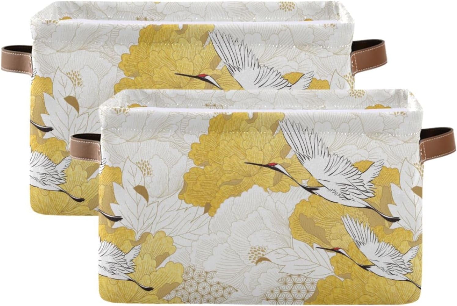 Coolnut Foldable Storage Bins Gold Peony Flower Crane Birds Fabric ...
