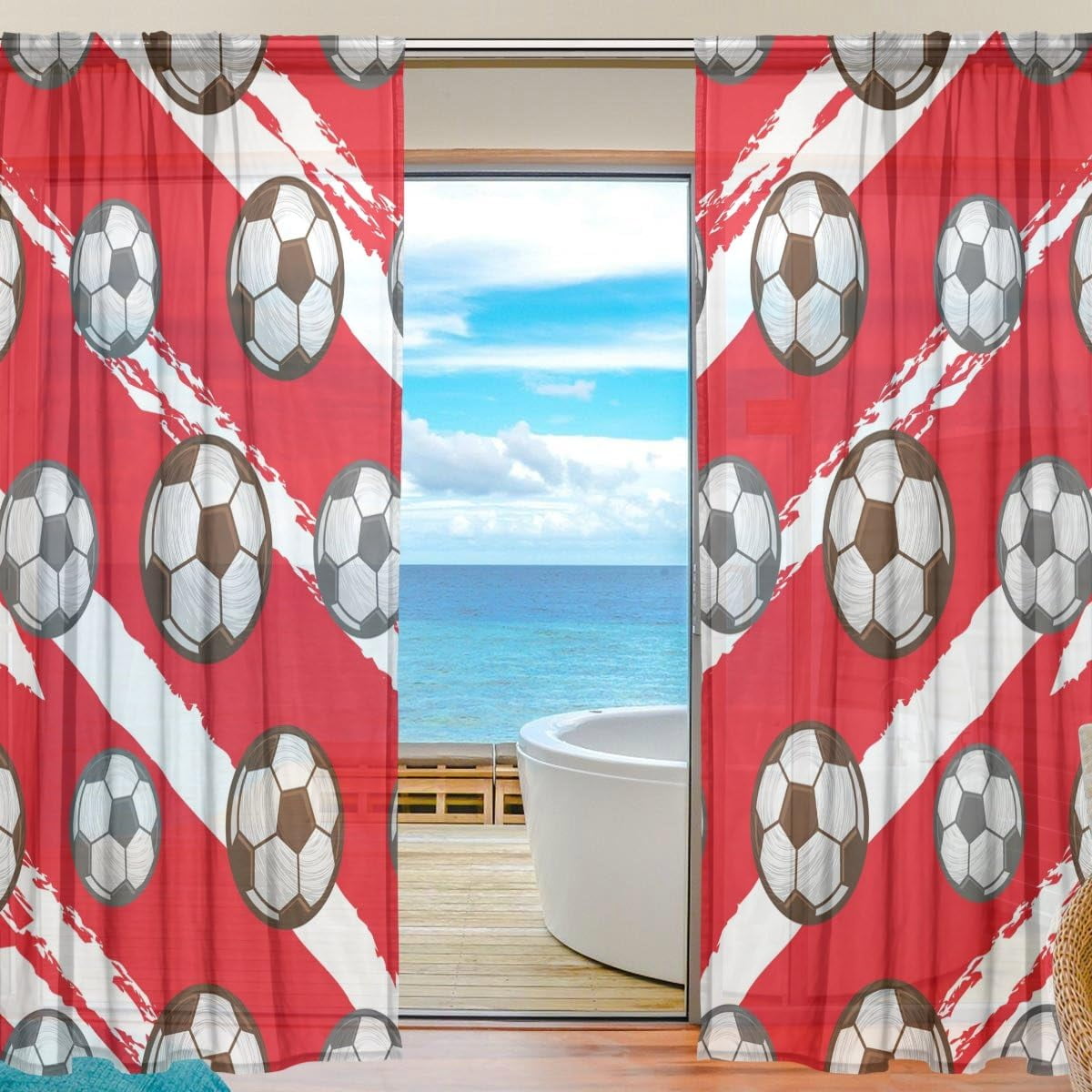 Coolnut Football On Red White Background Sheer Gauze Door Curtain ...