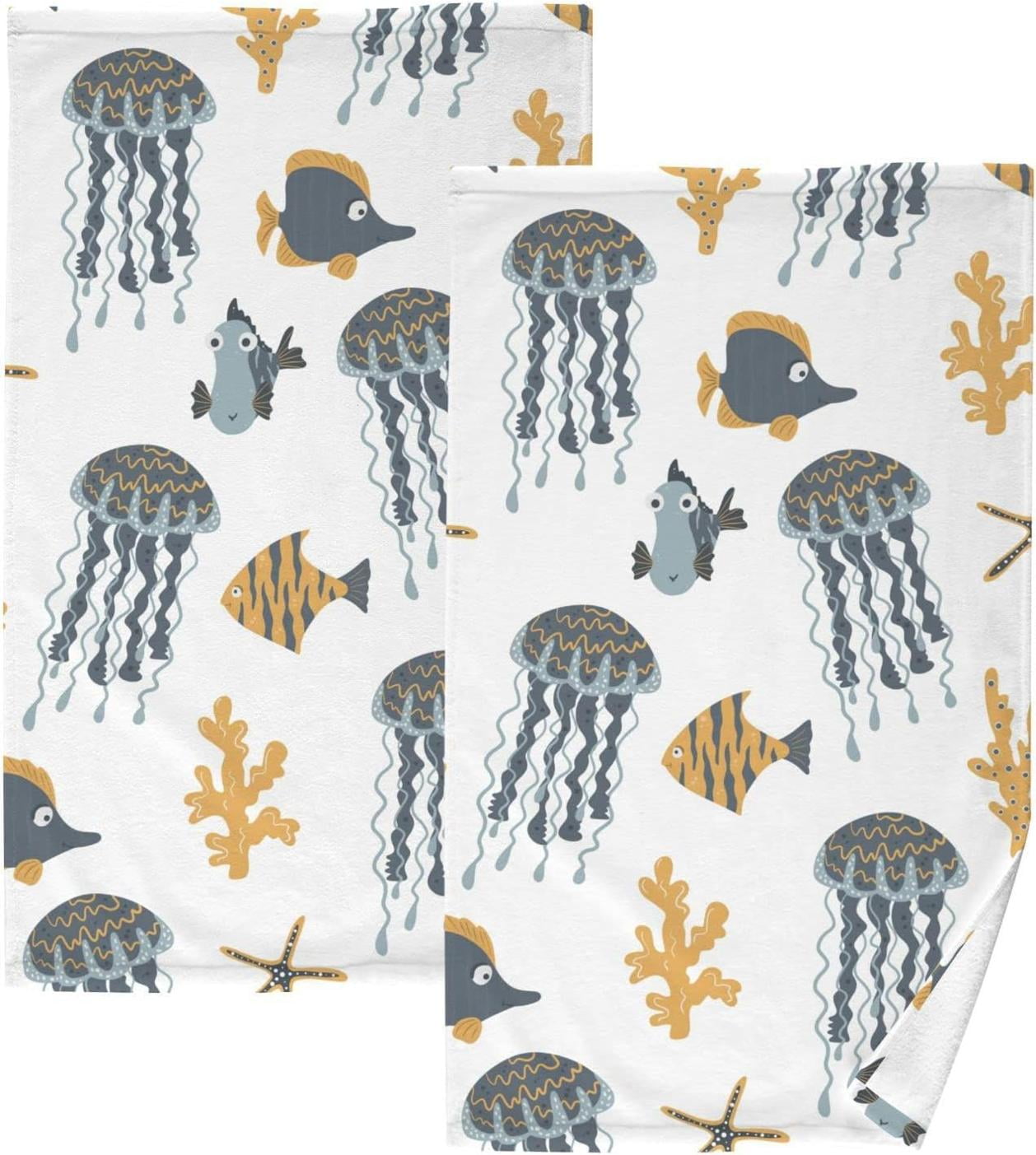 Coolnut Funny Fish Jellyfish Patterned Hand Towels 2 PCS, Cotton Bath ...