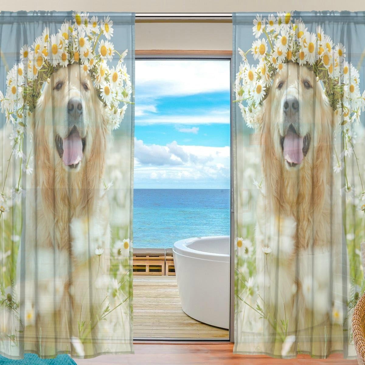 Coolnut Golden Retriever Wear Wreath Sheer Gauze Door Curtain Window ...
