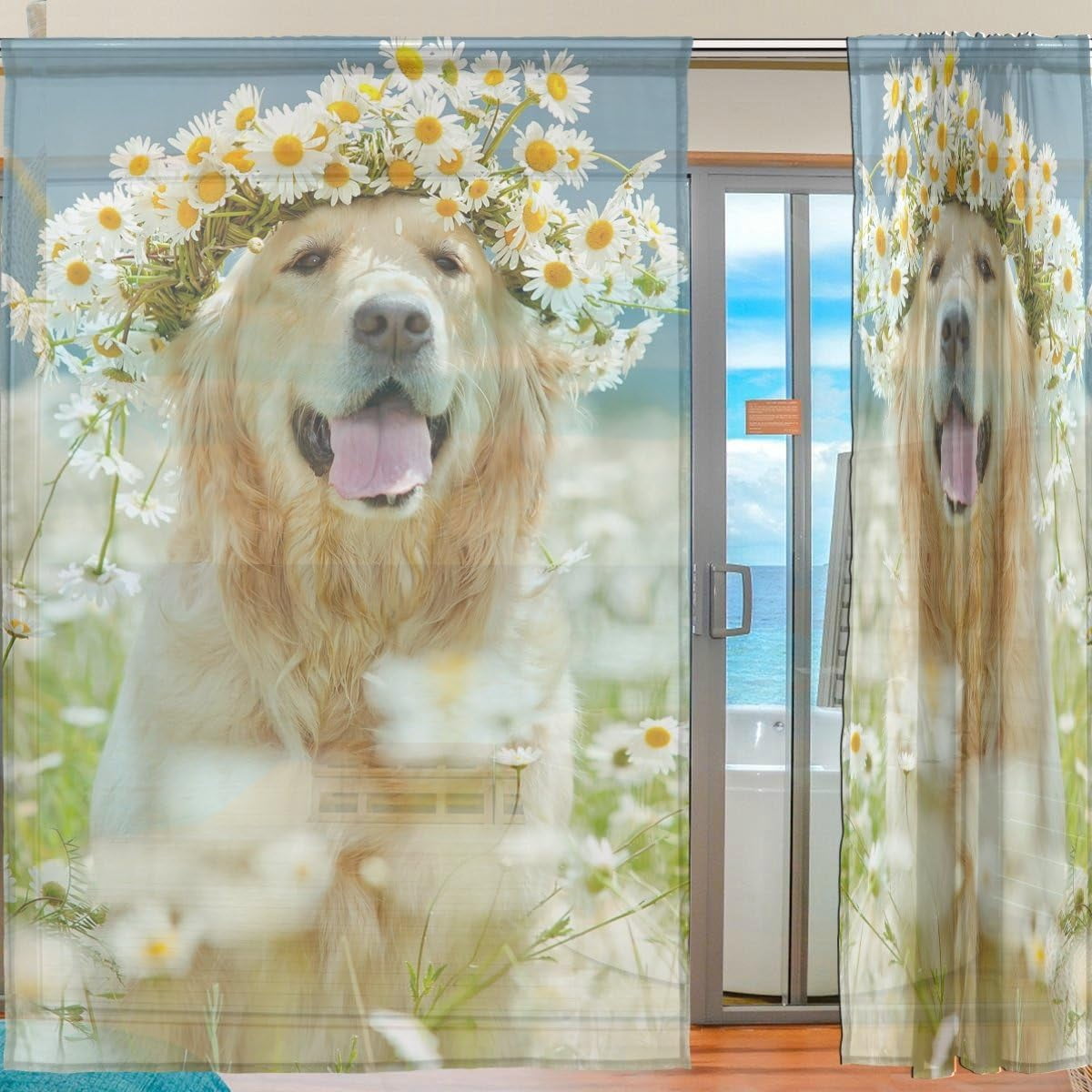 Coolnut Golden Retriever Wear Wreath Sheer Gauze Door Curtain Window ...