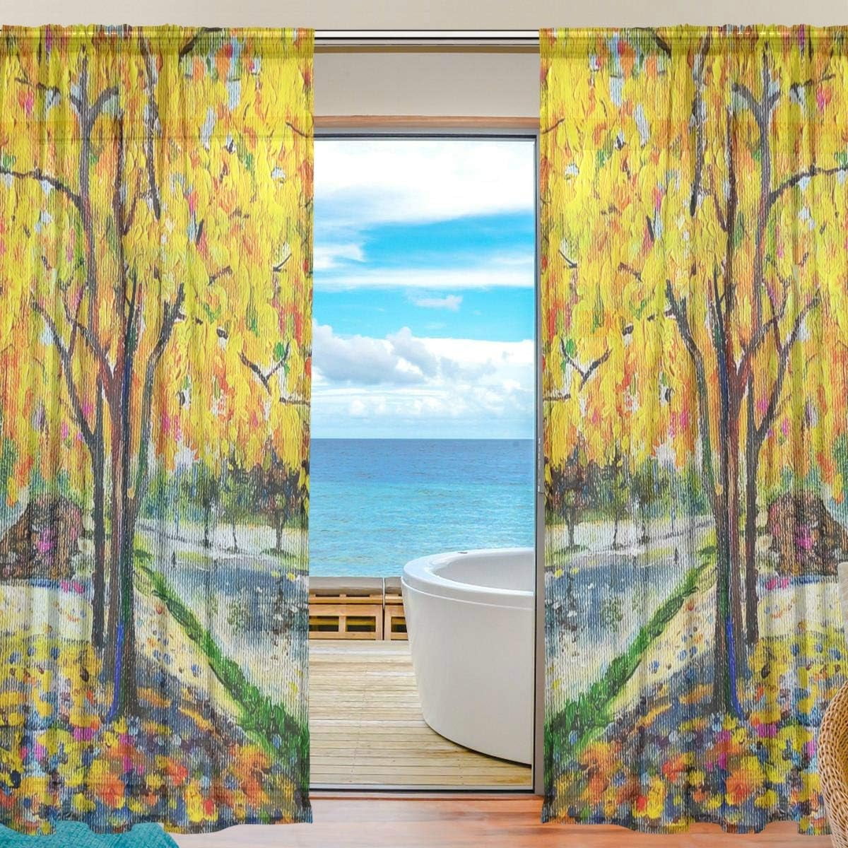 Coolnut Golden Tree Flower Semi Sheer Curtains, 78"x55" Window Voile ...
