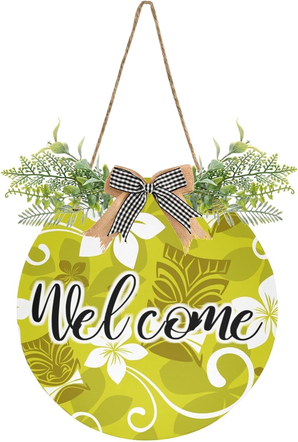Coolnut Green Floral Front Door Round, Hanging Welcome Sign, Front Door ...